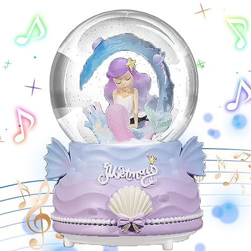 Snow Globe, Asfety Mermaid Musical Snow Globe with LED Rainbow Snow Lights and Play Music, Resin Automatic Snowfall Mermaid Gifts for Girls Snow Globe Christmas, Festival Gifts for Mothers Daughter