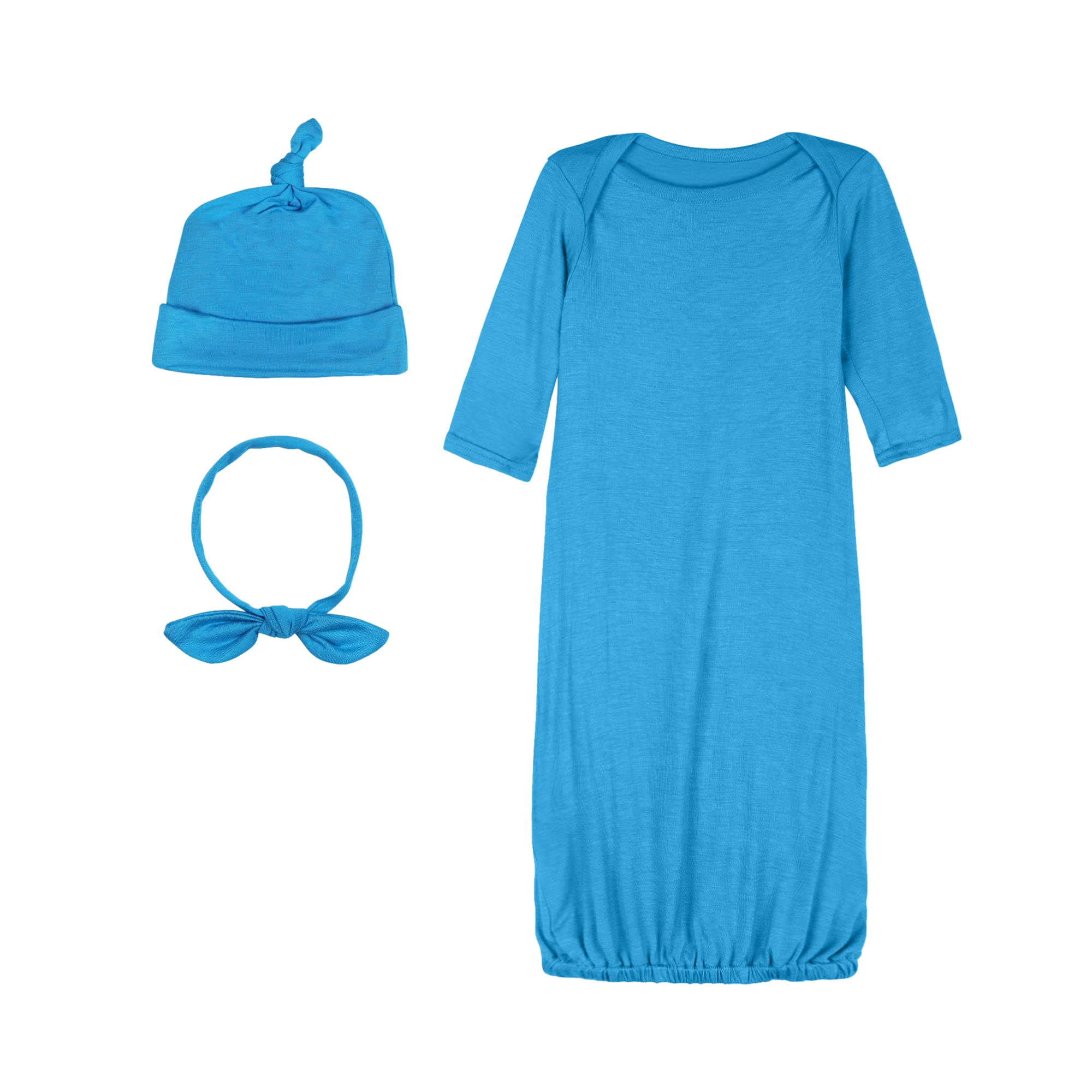 Comfy Mommy Newborn baby gown with matching beanie and headband in organic cotton solid cobalt blue