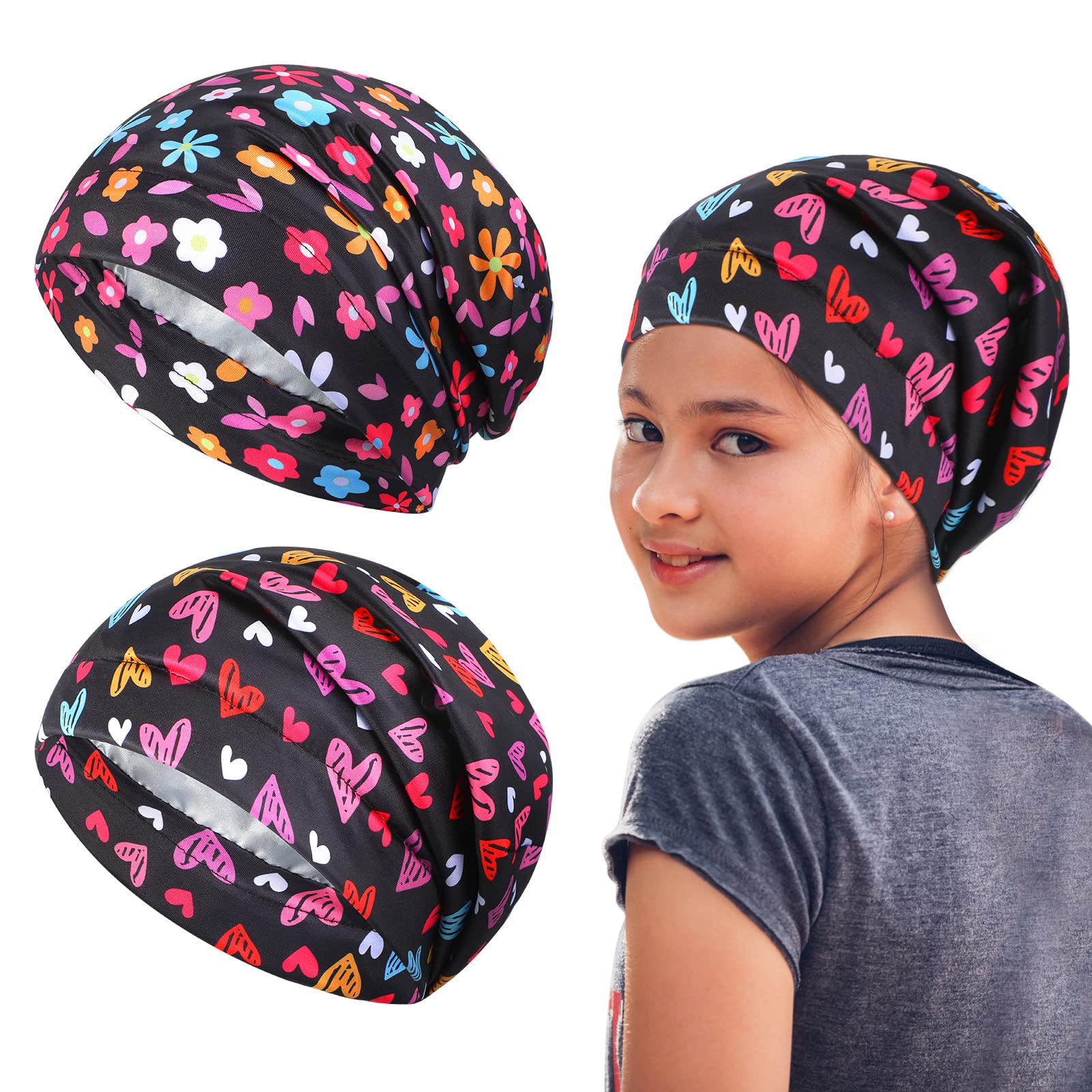 Tatuo 2 Pcs Satin Lined Hair Bonnet for Sleeping Kids Gift for Christmas Sleep Cap Head Scarf Curly Hair with Elastic Band(Cute Pattern) Multicoloured