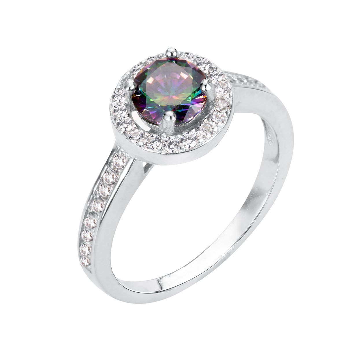 CloseoutWarehouse Rainbow Simulated Topaz Cubic Zirconia Embraced Round Solitaire Ring Sterling Silver Size 10