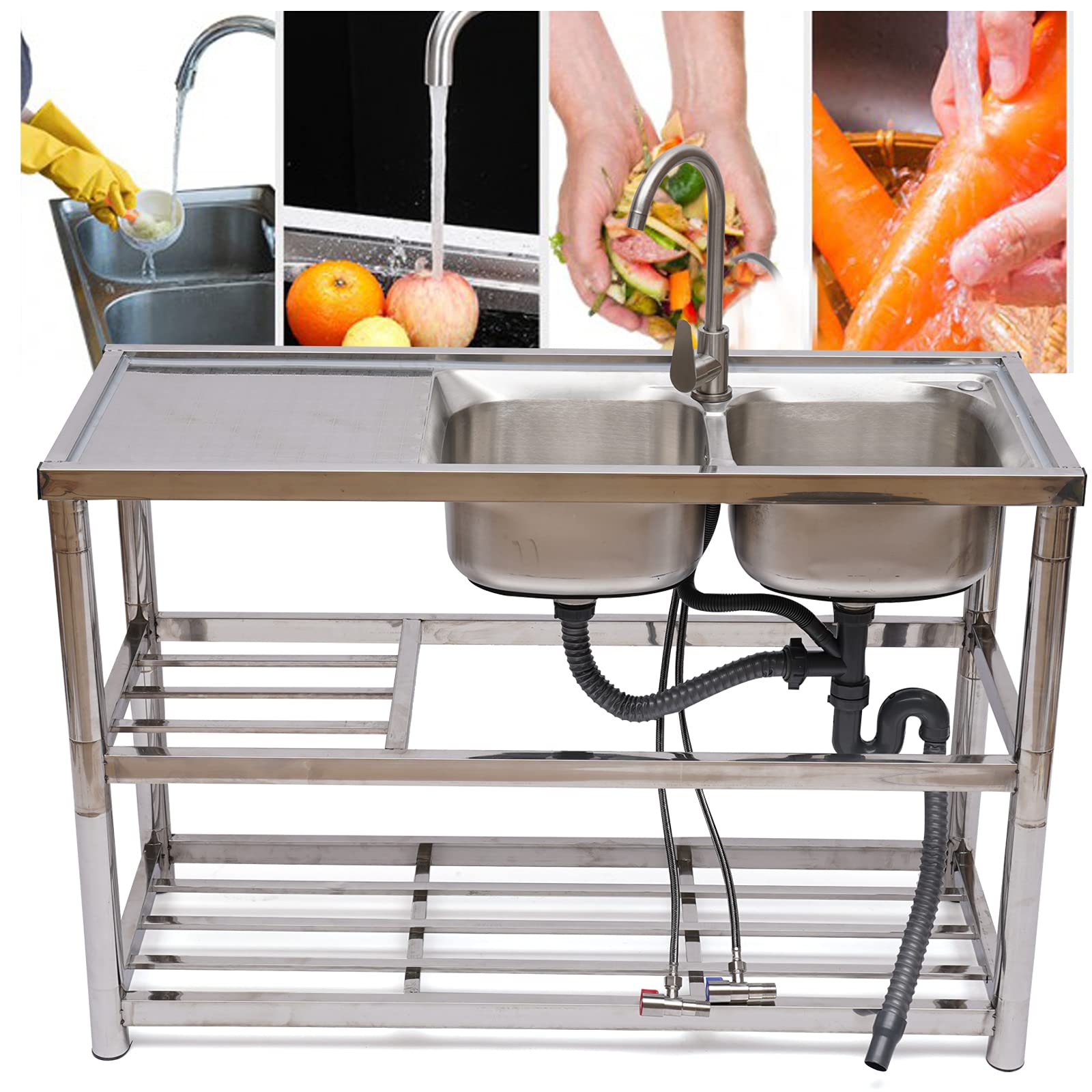 Commercial Restaurant Sinks With Drainboards Faucet 2 Sink Bowls, Free Standing Stainless-Steel Sink 2 Compartment Garage Sink Utility, L3.9ft X W1.5ft X H2.6ft