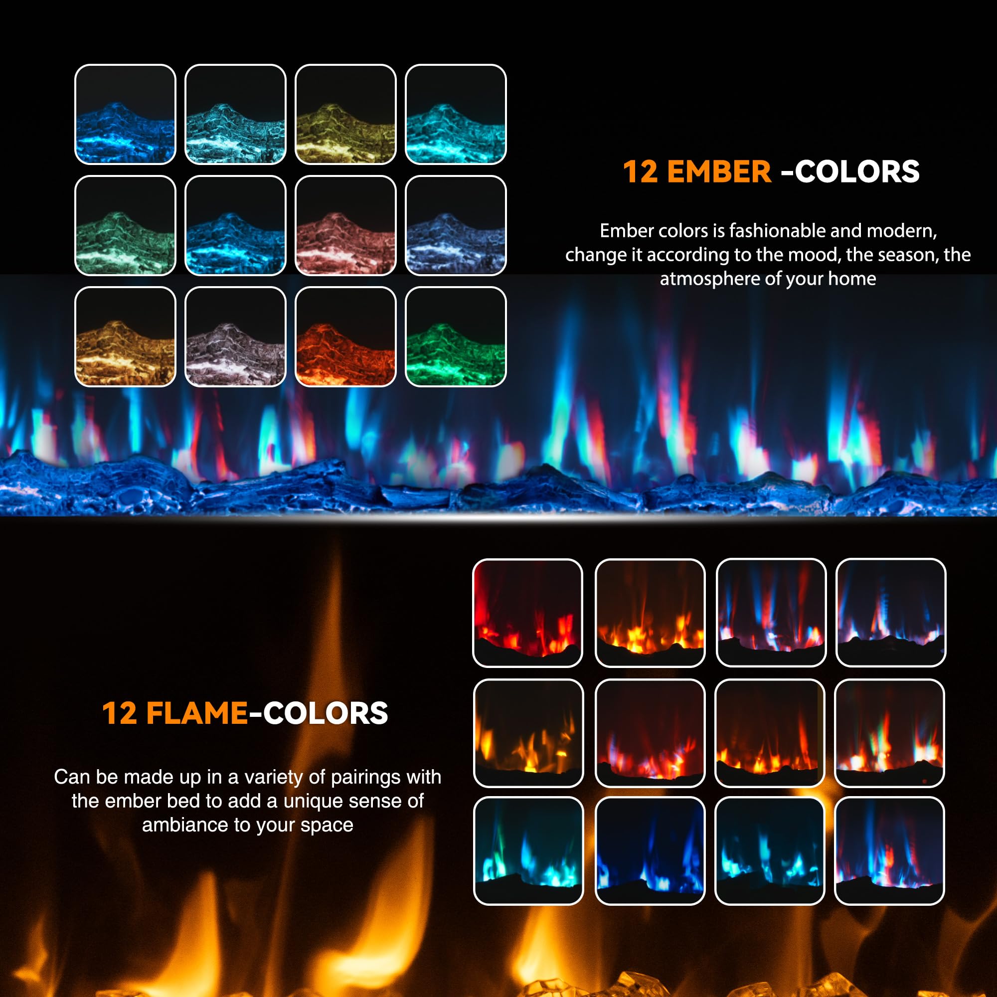 Manastin 60 Inch Electric Fireplace in-Wall Recessed and Wall Mounted with Remote Control, 750W/1500W Thin Wall Fireplace Heater(60-99ยฐF Thermostat) with 12 Adjustable Color, Timer and Log Set