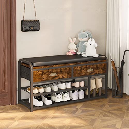 Homeiju 3 Tier Entryway Bench, Shoe Storage Bench with Padded Seating & Drawers, 35.5â Metal Entryway Foyer Hallway Bench, Vintage Brown