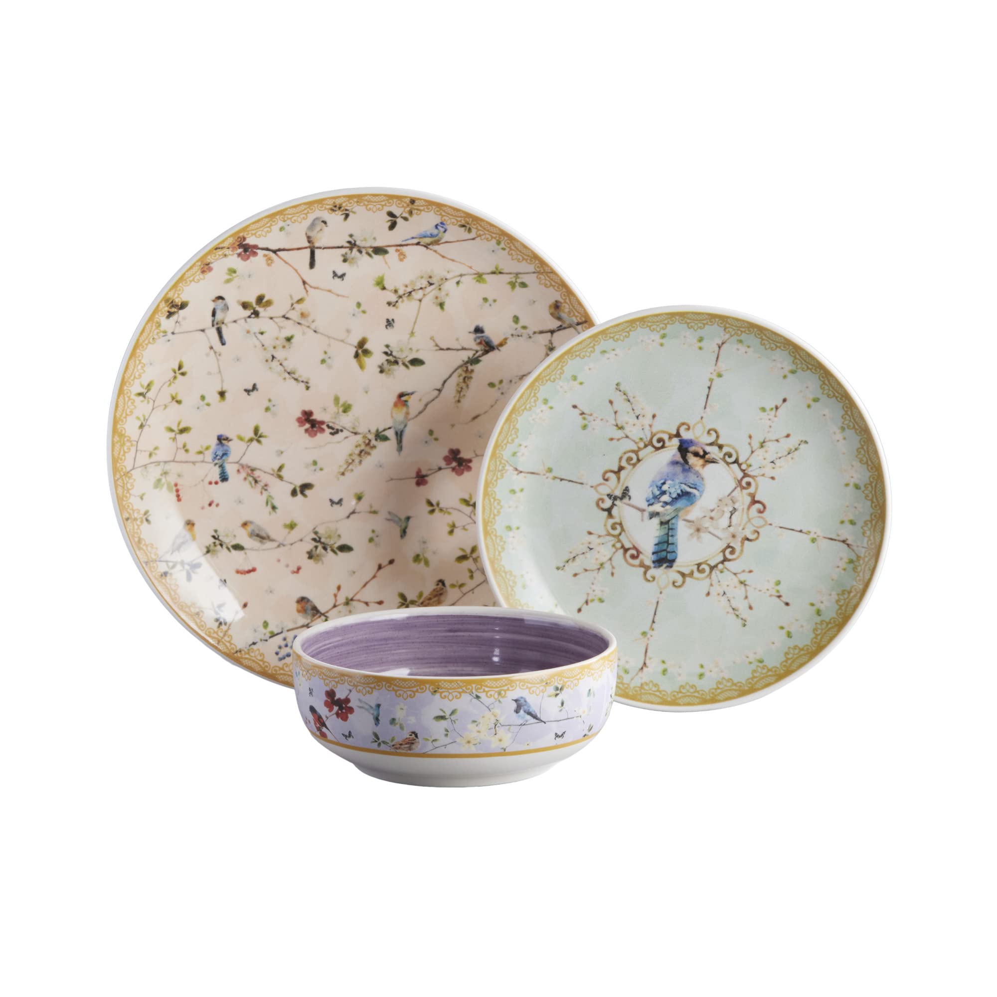 Corona Dinnerware Set 12– piece, Plates and Bowls Set, Ceramic Sets for 4, Microwave and Dishwasher Safe, Susurro Floral and Nature Design