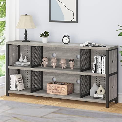 LVB Industrial 4 5 6 7 8 Cube Bookcase, Rustic Wood Metal Horizontal Bookshelf, Modern Wide Cube Organizer Storage Shelf, Large Long Low Book Shelf for Office Bedroom Living Room, Light Grey Oak 63 In
