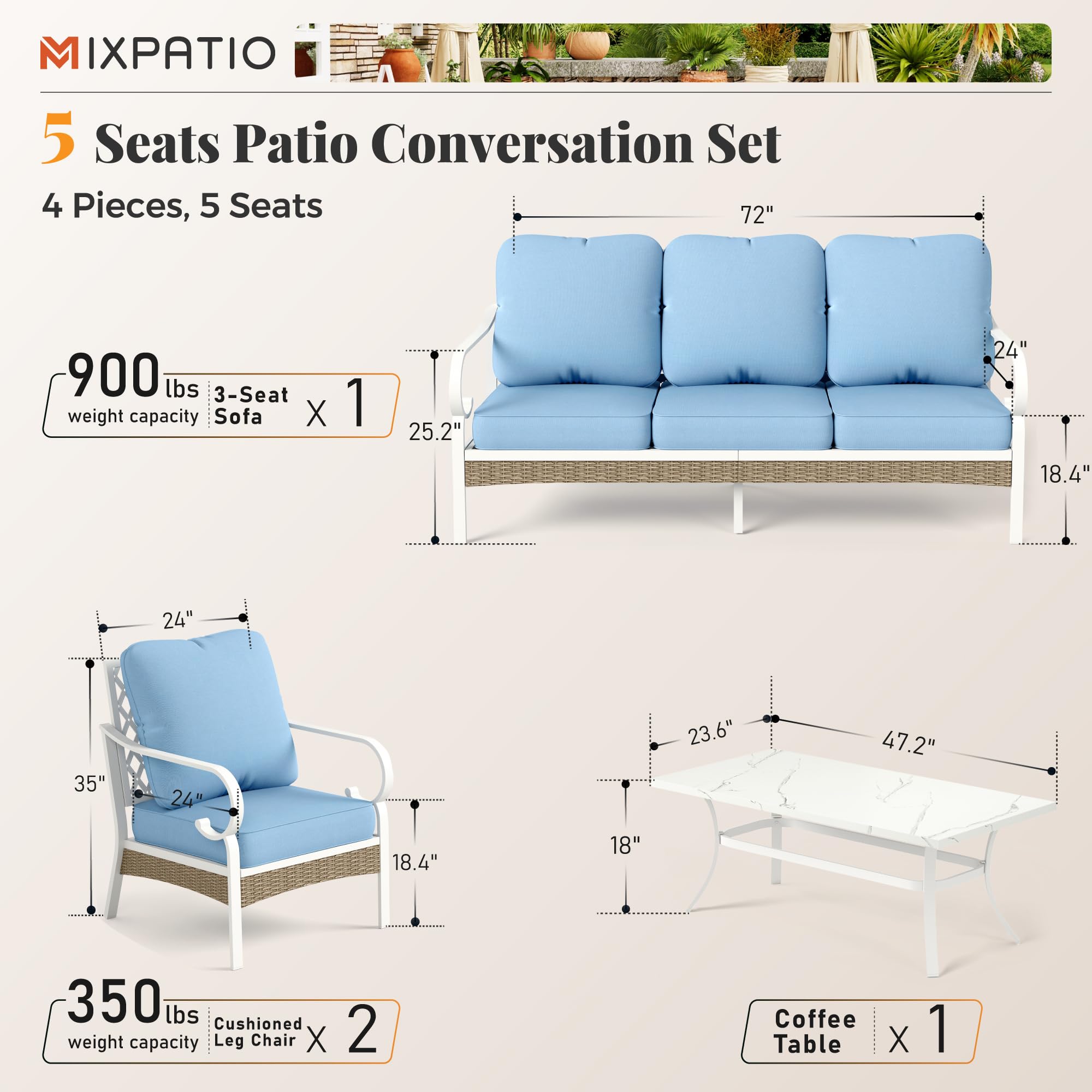 MIXPATIO 4 Piece Patio Furniture Set, 2 x Fixed Chair, 1 x 3-Seat Sofa with Marbling Coffee Table, All Cushioned 5 Seats Outdoor Conversation Set for Lawn Garden Backyard, Blue