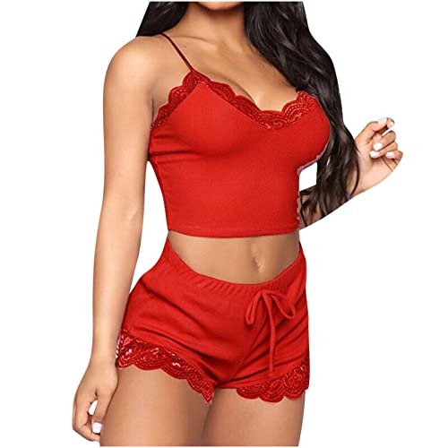 Women's Nightgown Two Piece Lace Satin Spaghetti Strap Bralette and Shorts Sleepwear Sexy Teddy Babydoll Lingerie