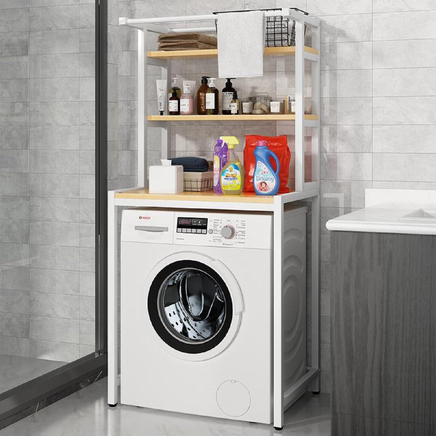 HOLMZCED 3 Tier Wooden Over The Washer and Dryer Storage Shelf, Bathroom Shelf Washing Machine Storage Shelf Utility Rack Freestanding Laundry Drying Rack Heavy Duty for Bathroom Laundry Room