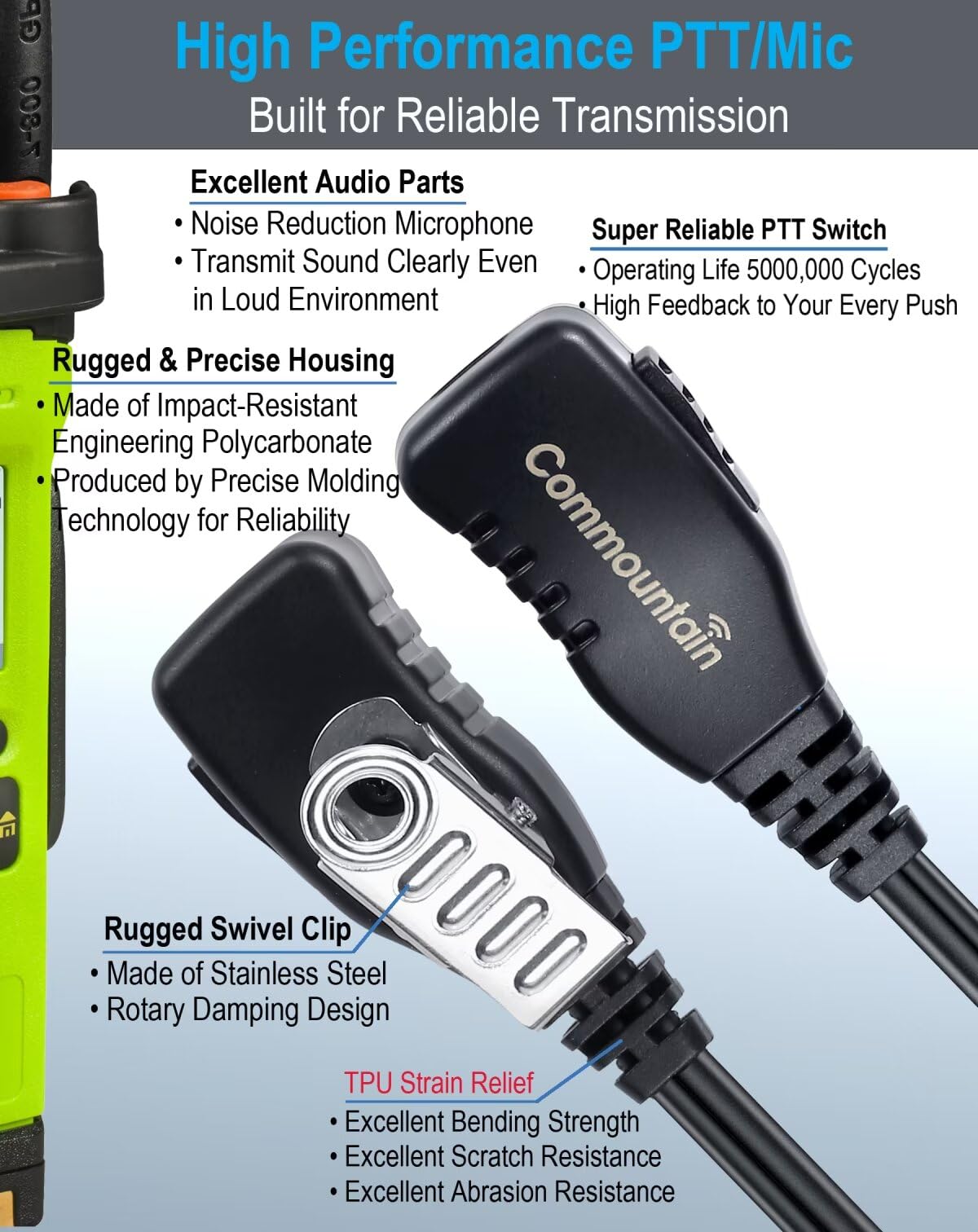 commountain Walkie Talkies Earpiece with Mic Compatible for Baofeng Radio BF-F8HP UV-82 UV-82HP UV-82C UV-5R UV-5X3 and Kenwood TK NX SAMCOM BTECH Retevis Radios, G-Shape Earhook Headset, 2 Pin Style