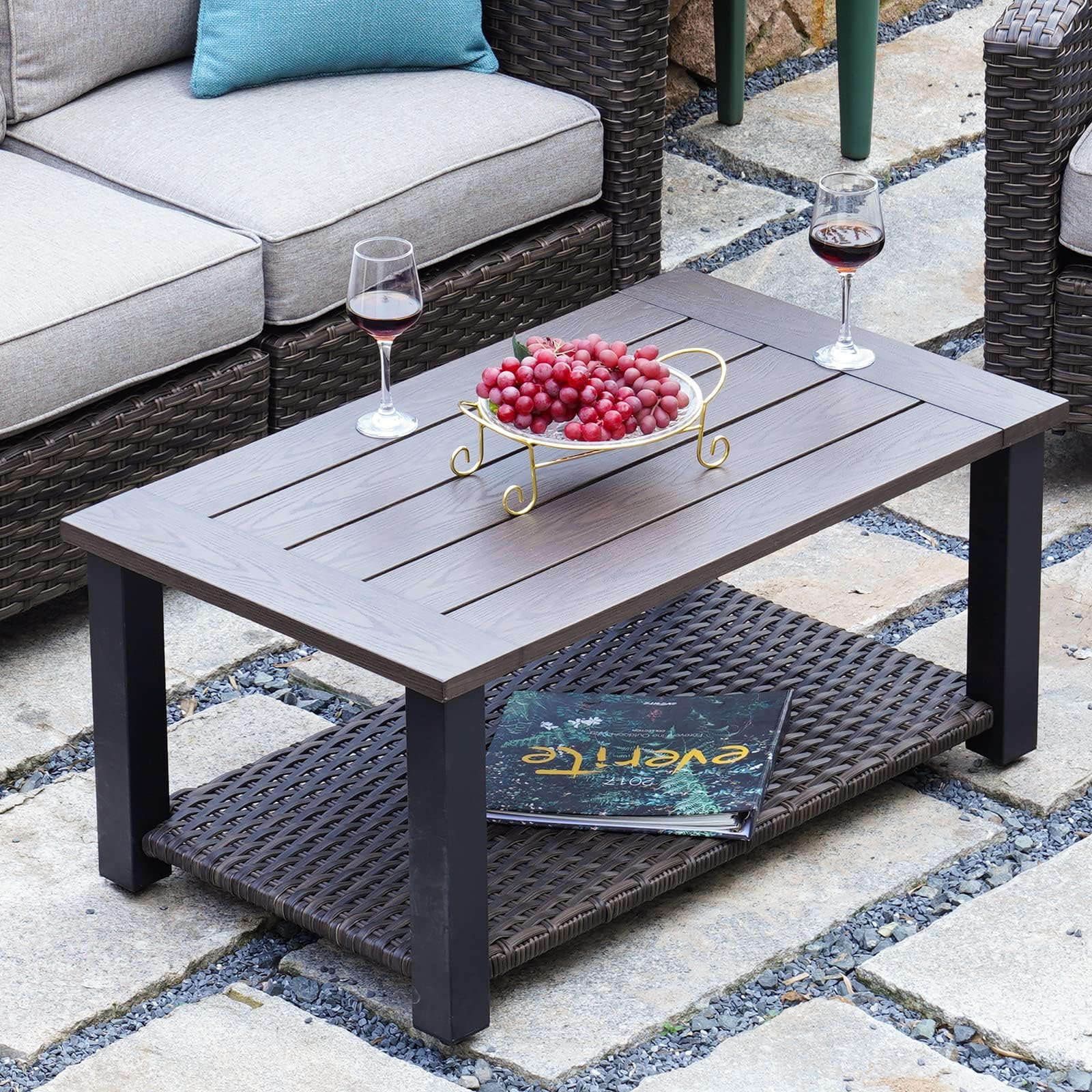 Grand patio Outdoor Coffee Table 40In Aluminum Steel Side Table Modern Rectangle Fits with Conversation Set All-Weather Resin Wicker Storage Shelf Wood Grain Finish Tabletop