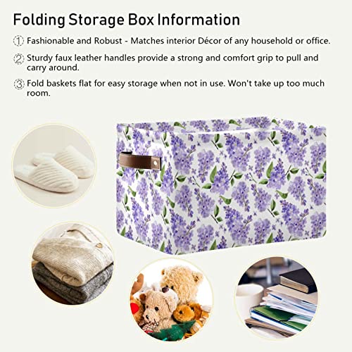 ALAZA Purple Lilac Flowers Storage Basket Rectangle Collapsible Storage Bins With Handles Durable Canvas Toy Basket Organizer Bin For Shelf Closet Bedroom Home Office