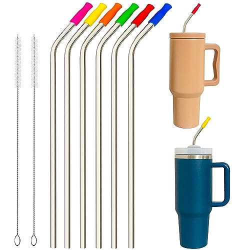 Wobye 6 Pack 13 Inch Extra Long Reusable Bent Stainless Steel Metal Straws with Cleaning Brush & Silicone Tips Fit for Stanley Quencher 40oz Tumbler, Simple Modern 32 40oz Tumbler, 64oz Water Bottle