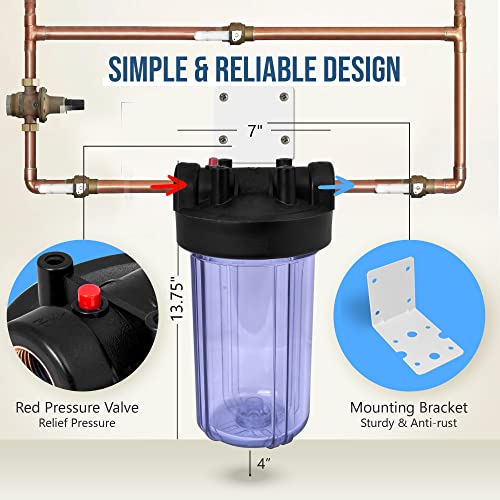 High Capacity 10 x 4.5-Inches Transparent Whole House Water Filter Purifier System with Presser Relief Button, 1β Inlet/Outlet Brass Port & Yearly Supply (4) Polypropylene Sediment Cartridges 5 Micron