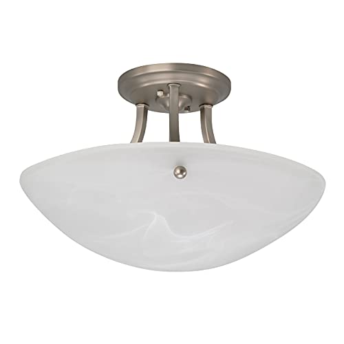 Noble Home 2-Light Contemporary Semi Flush Mount Light | Ceiling Mount Fixture with Alabaster Glass Shade | Hanging Lighting for Living Room, Bedroom, and Foyer, Satin Nickel