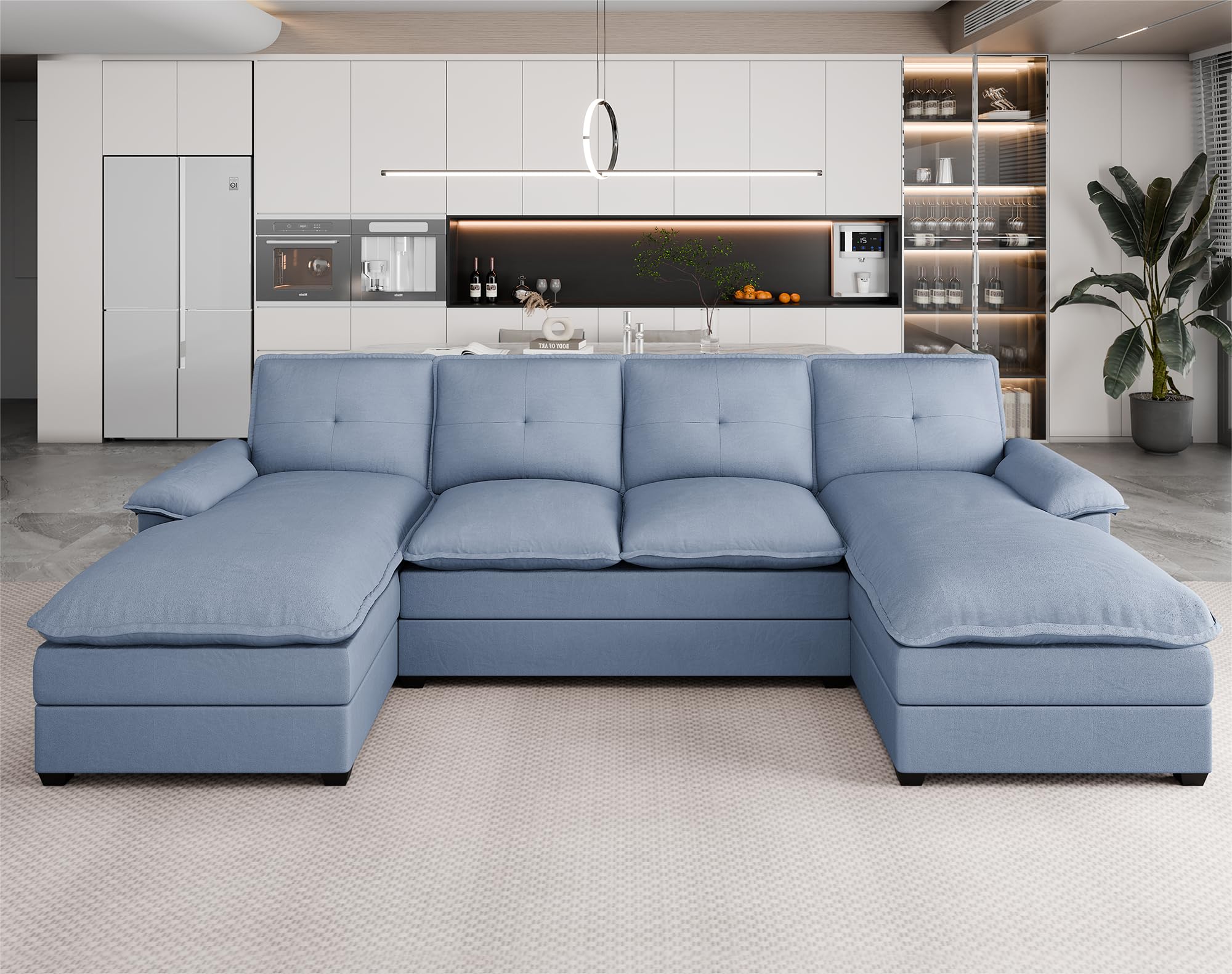 JAMFLY Sectional Couches for Living Room, U-Shaped Couch 4 Seat Sofa Set with Double Chaises, Modern Fabric Modular Sectional Sofa Set for Apartment, Blue