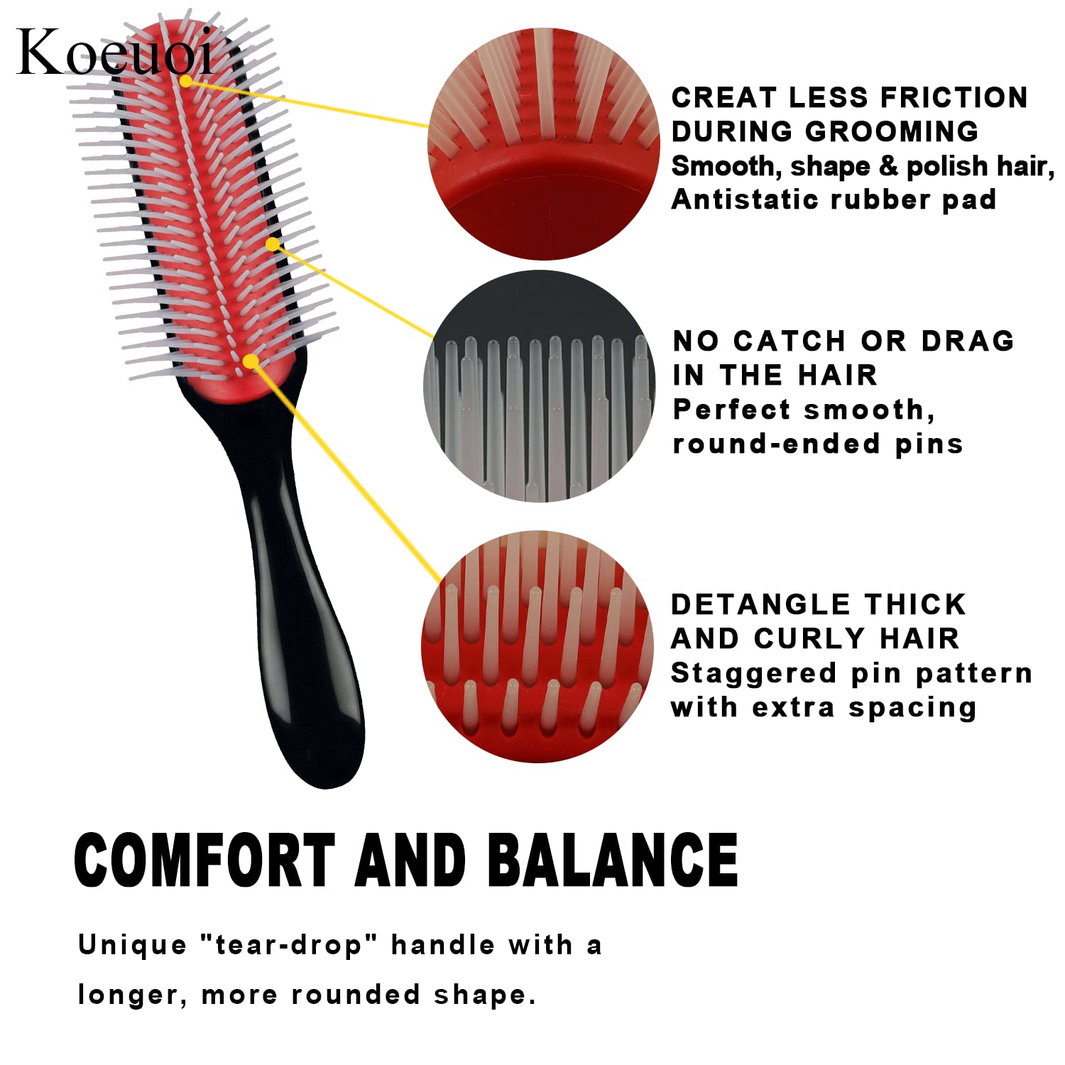 Koeuoi 9-Row Hair Brush for Curly Hair, Black Classic Styling Hairbrush
