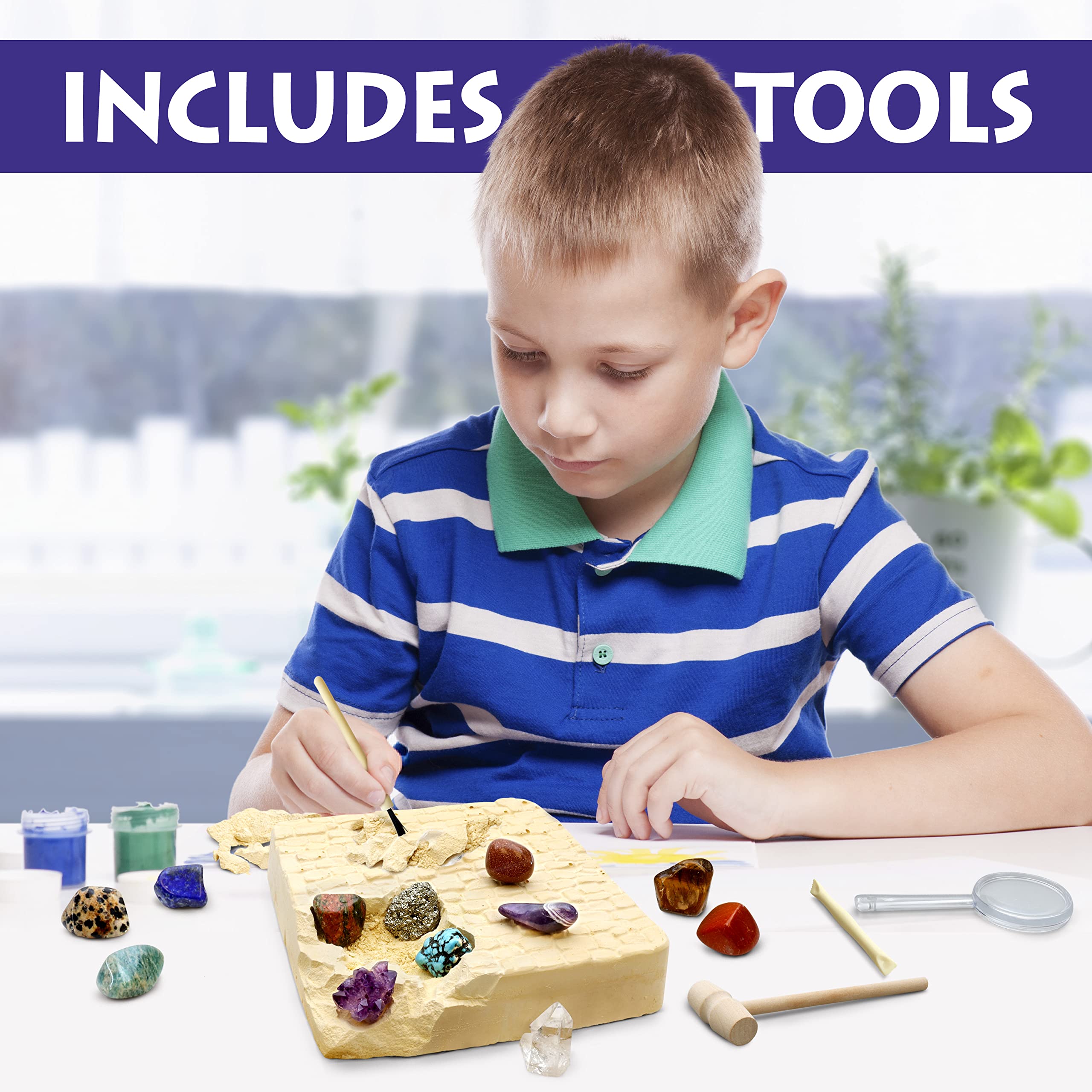 DANCING BEAR Gem Dig Kit - Excavate 16 Gems & Crystals Including Arrowheads, Quartz, Amethyst - STEM Education Gift Set for Kids