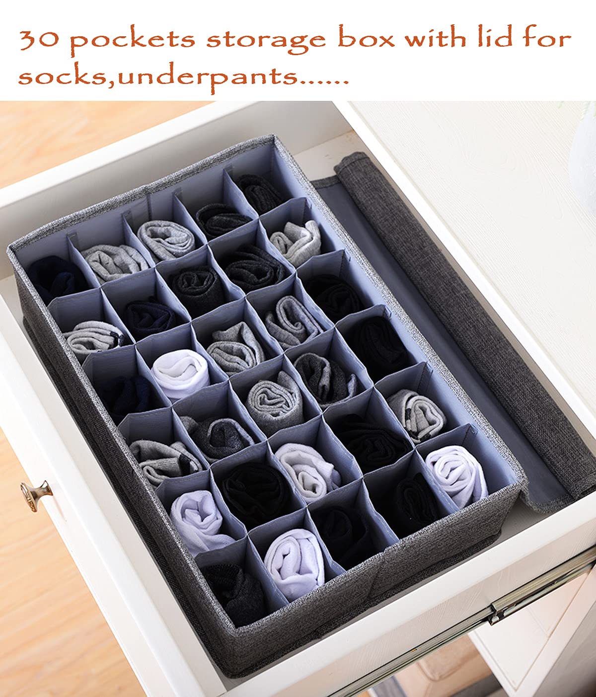 MURRI&MURRDI 2 Packs Sock and Underwear Storage for Closet with Lids,30 Cells Drawer Divider,Linen Cotton Sock Organizer,Foldable Closet Storage Box Bin for Socks, Lingerie, Ties,Scarves (2 Grey)