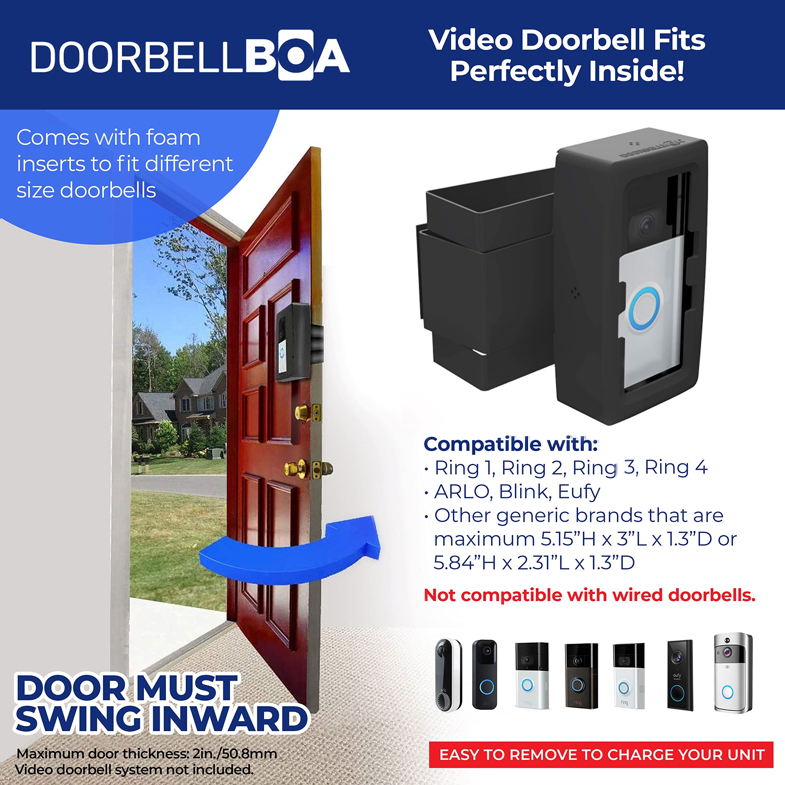 DoorbellBoa Anti-Theft Video Doorbell Door Mount, No Tools or Installation, Mounts Securely in Seconds, Compatible with Ring & Other Video Doorbells (Black)
