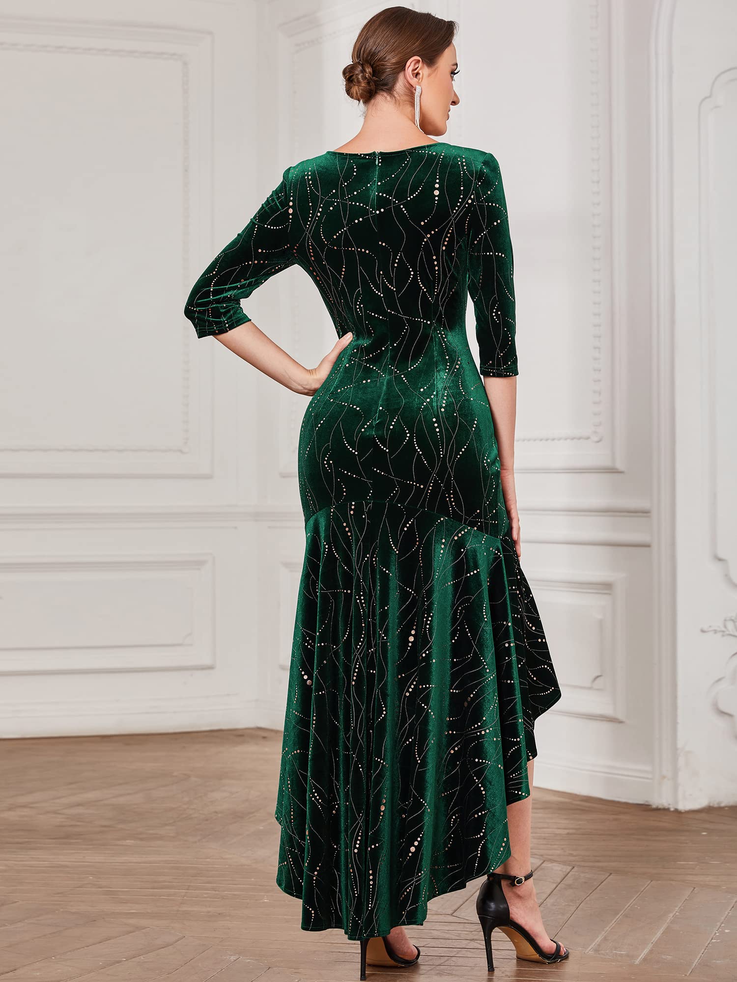 Ever-Pretty Women's Velvet 3/4 Sleeve High-Low Mermaid Plus Size Gorgeous Evening Dress Green US16