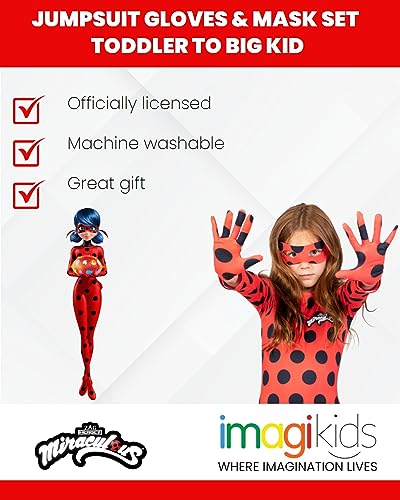 Miraculous Ladybug Big Girls Cosplay Jumpsuit Gloves and Mask 3 Piece Costume Set Polka Dots Red 10-12