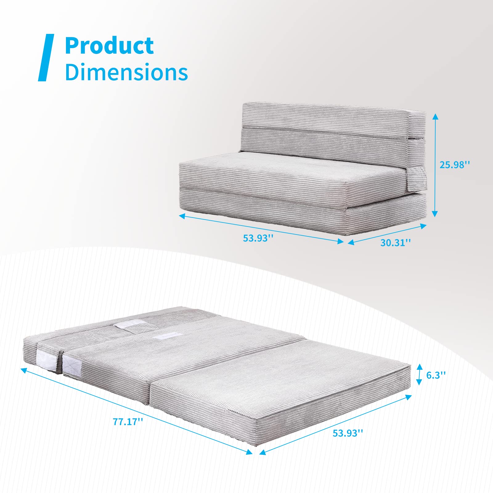 Mjkone Convertible Futon Sofa Bed, Floor Sofa Couch with Memory Foam, 3 in 1 Foldable Couch Bed, Pull Out Sleeper Sofa for Living Room/Apartment/Office (Gray, Full)