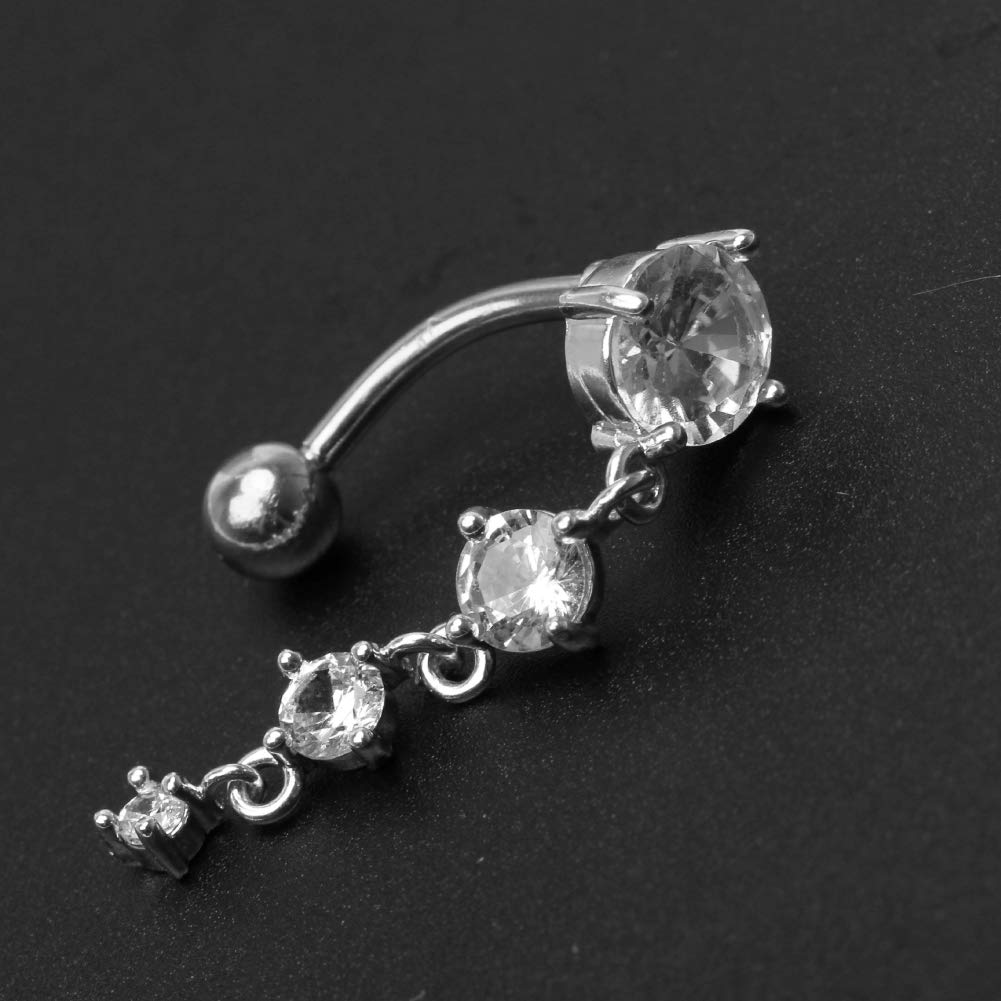 CrazyPiercing 14G Reverse Belly Ring, Cubic Zirconia Long Dangle Navel Ring, Waterdrop Dangling Body Piercing Belly Button Ring for Women Girls (Silver)