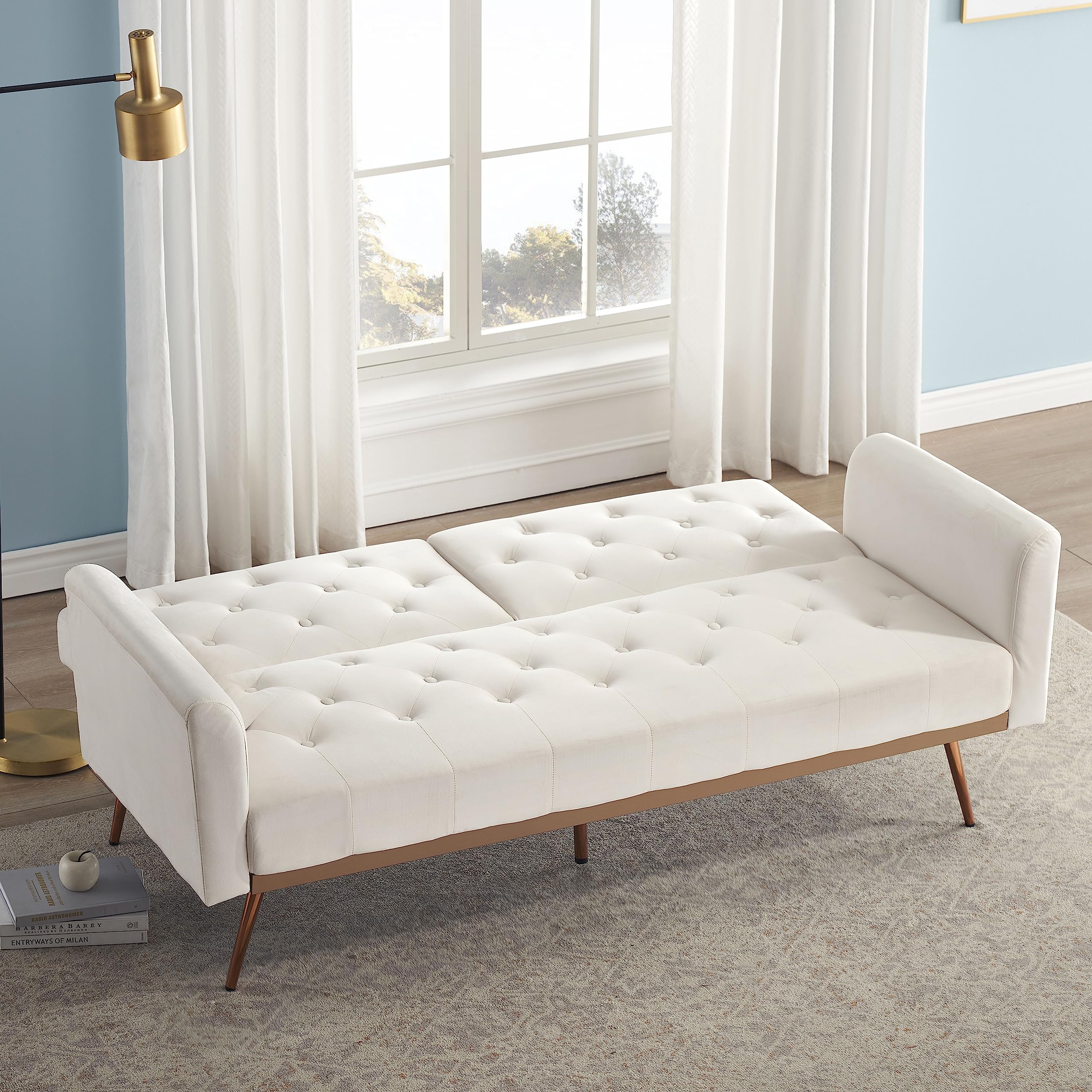 NoeBanJe Mid Century Modern Velvet LoveSeat Couches, Convertible Futon Sofa Bed with Metal Legs and Pillows, Adjustable Sleeper Sofa for Small Spaces, Bedroom Living Room (Beige)