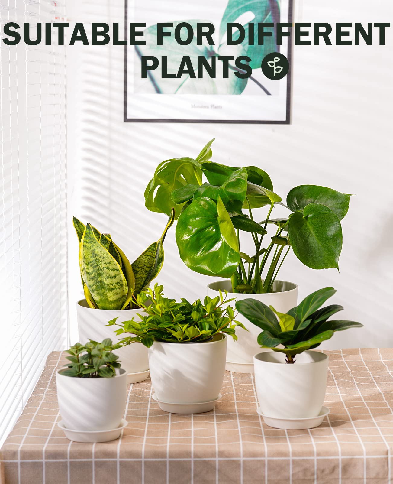 HOMENOTE Plastic Planter, 7/6/5.5/4.8/4.5 Inch Flower Pot Indoor Modern Decorative Pots for Plants with Drainage Hole and Tray for All House Plants, Succulents, Flowers, Cactus, White