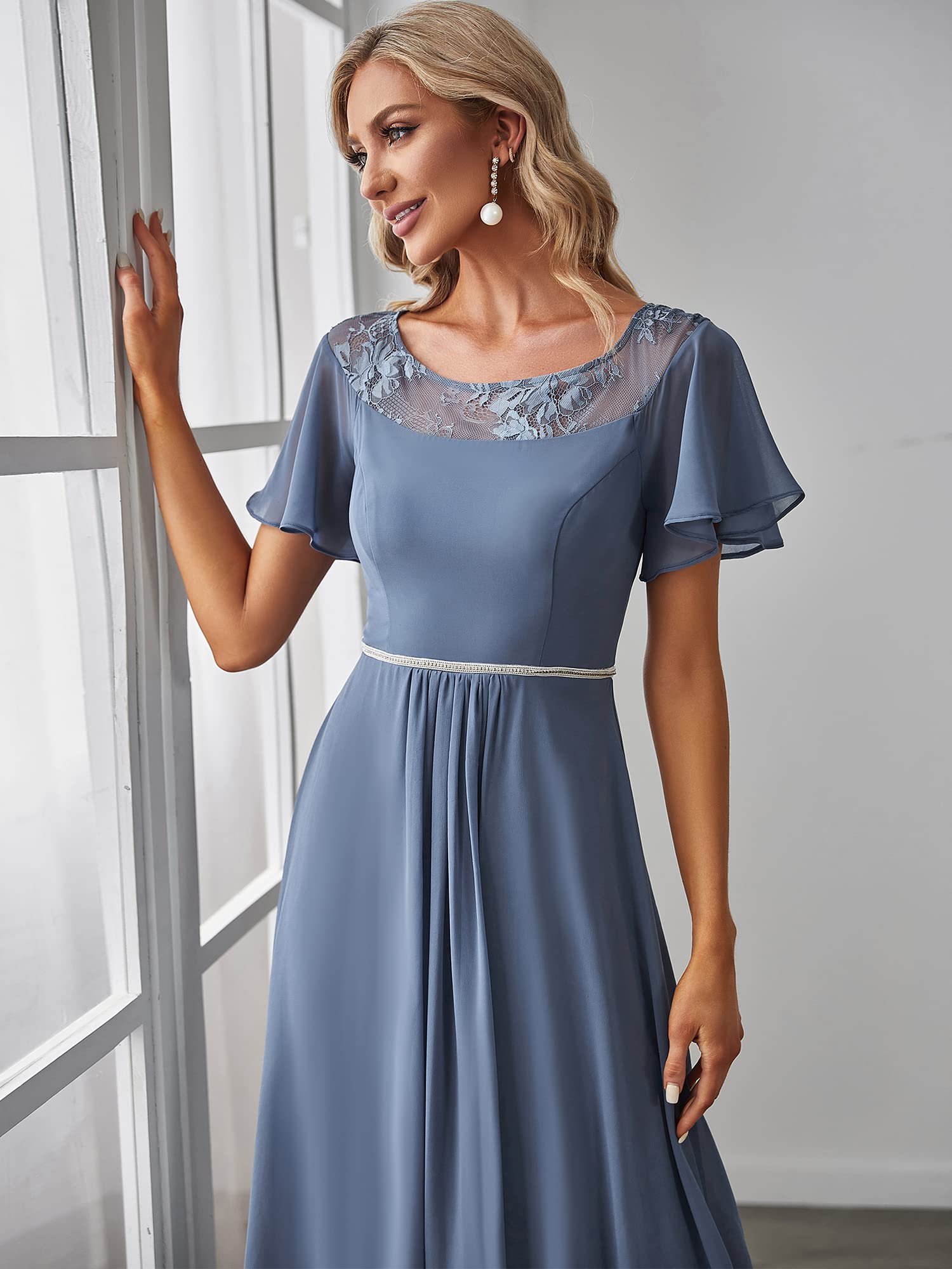 Ever-Pretty Women's Ruffles Sleeve High Low Lace Beaded Chiffon Midi Bridesmaid Gowns Wedding Guest Dress Dusty Blue US14