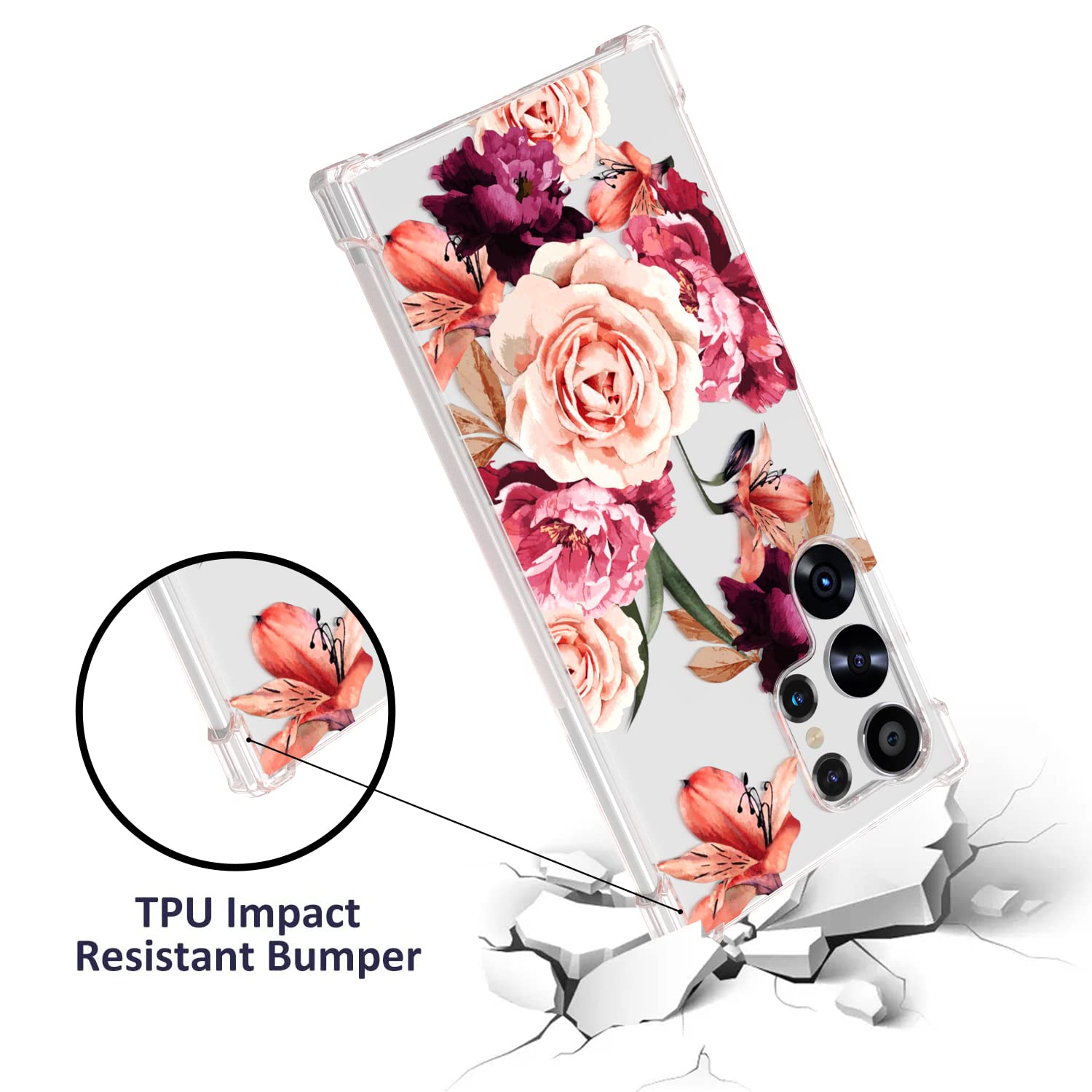 CoverON Compitable with Samsung Galaxy S23 Ultra Case for Women, Slim Floral Design Clear TPU Rubber Flexible Soft Skin Cover Protective Sleeve for Galaxy S23 Ultra Phone Case - Peony Flower