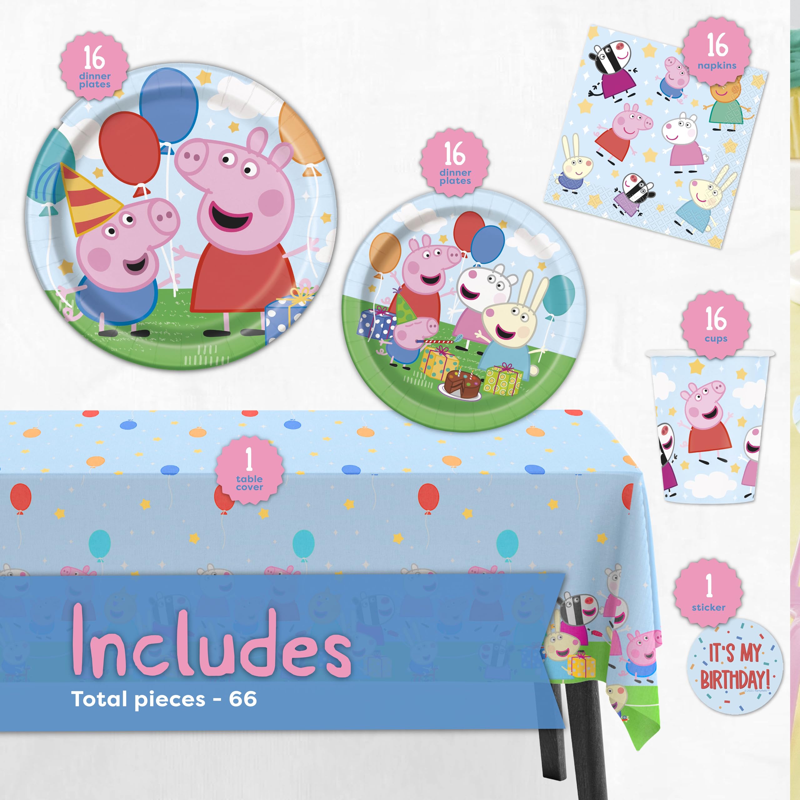 Peppa Pig Birthday Party Supplies, Peppa Pig Party Supplies and Decorations for 16 Guests, With Table Cover, Plates, Napkins, Cups and Sticker