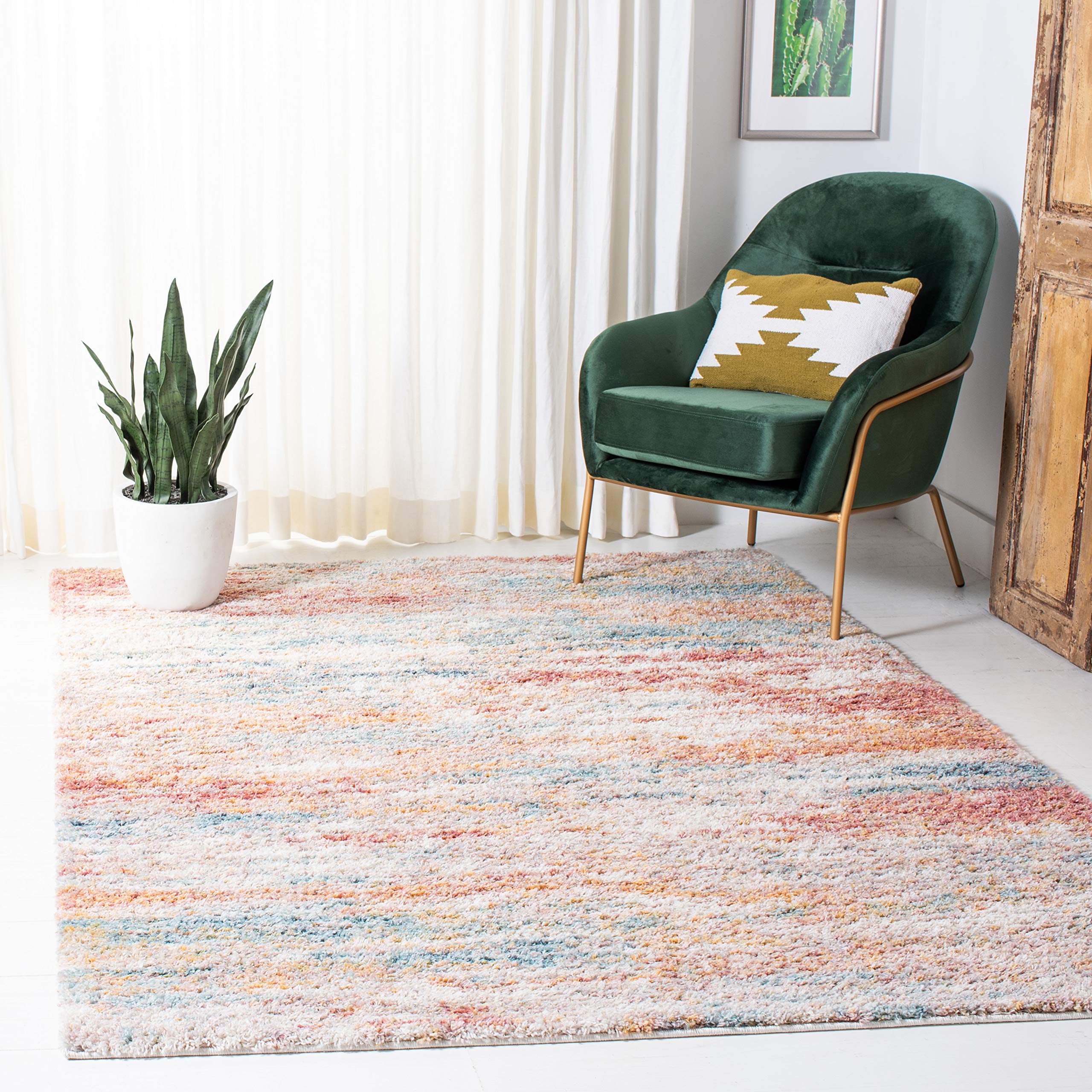 SAFAVIEH Calista Shag Collection 5'5" x 7'7" Beige / Aqua CAL112B Abstract Non-Shedding Living Room Bedroom Dining Room Entryway Plush 1-inch Thick Area Rug