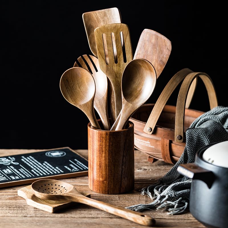 Deluxe Wooden Cooking Utensils Set of 9 - Complete Kitchen Utensils for Cooking with Storage Box & Spoon Holder - Durable and Nonstick Natural Wood Cookware-Wood Cooking Tools (Silver)