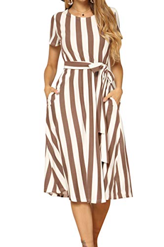 Womens Casual Short Sleeve Loose Swing Pockets Midi A Line Dress Coffee M