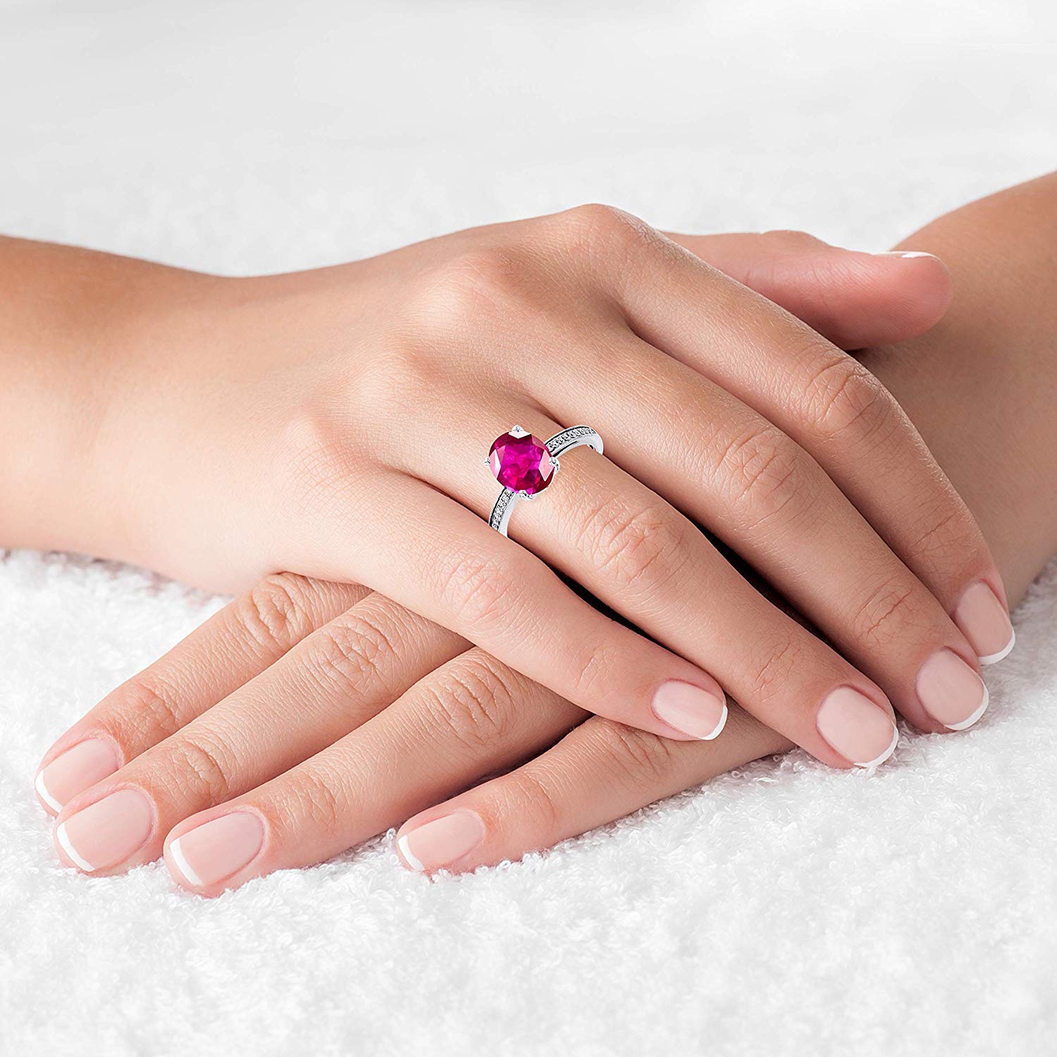 DECADENCE Sterling Silver Rhodium 1mm Round Created White Sapphire Channel Set & 10x8 Oval Created Ruby Engagement Ring