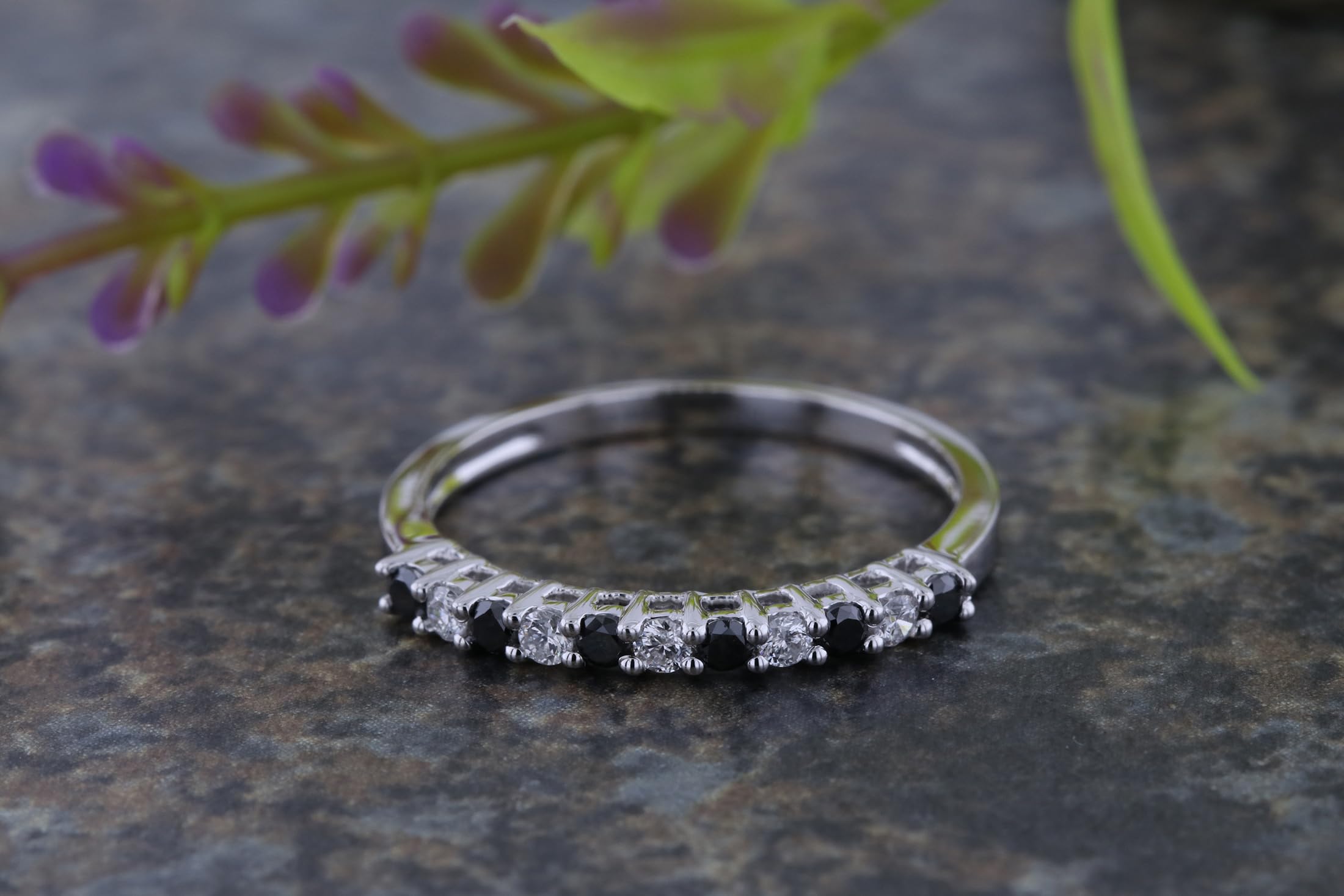Dazzlingrock Collection Alternate Round Black Diamond & White Diamond Stackable Wedding Band for Women in 10K White Gold Size 7