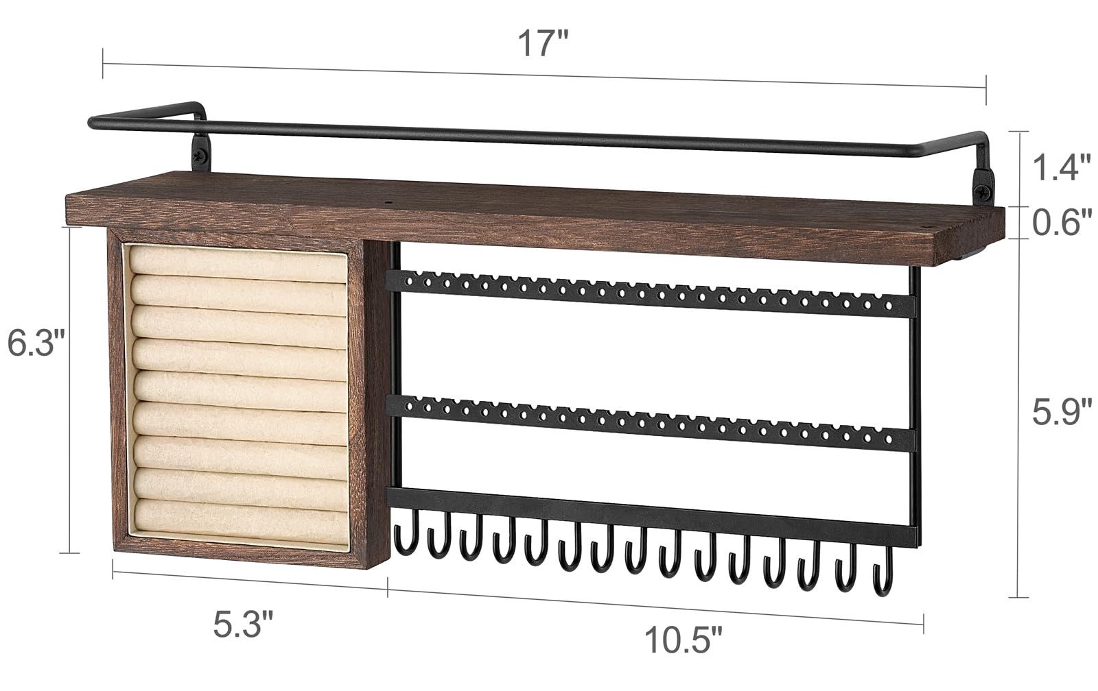 Mkono Hanging Jewelry Organizer Wall Mounted Jewelry Organizer Necklace Holder with Rustic Wood Shelf, Ring Display Box, Ear Studs Earring Holder Bracelet Organizer