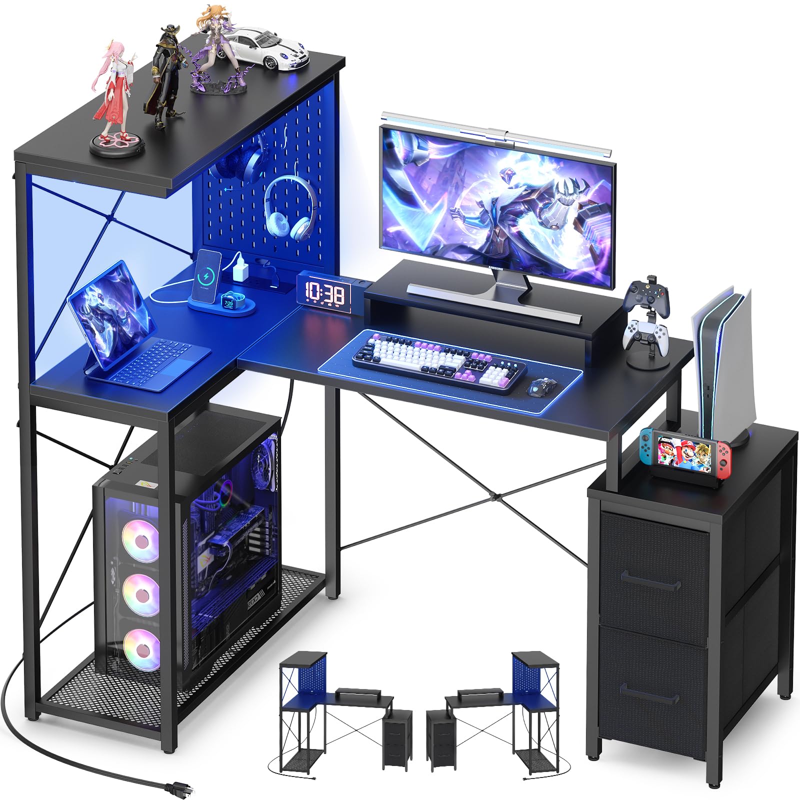 L Shaped Gaming Desk with 2 Fabric Drawers - Reversible Computer Desk with Power Outlet & LED Lights, 48" Corner Desk with Monitor Stand & Storage Shelves, Office Study Table with Pegboard, Pink