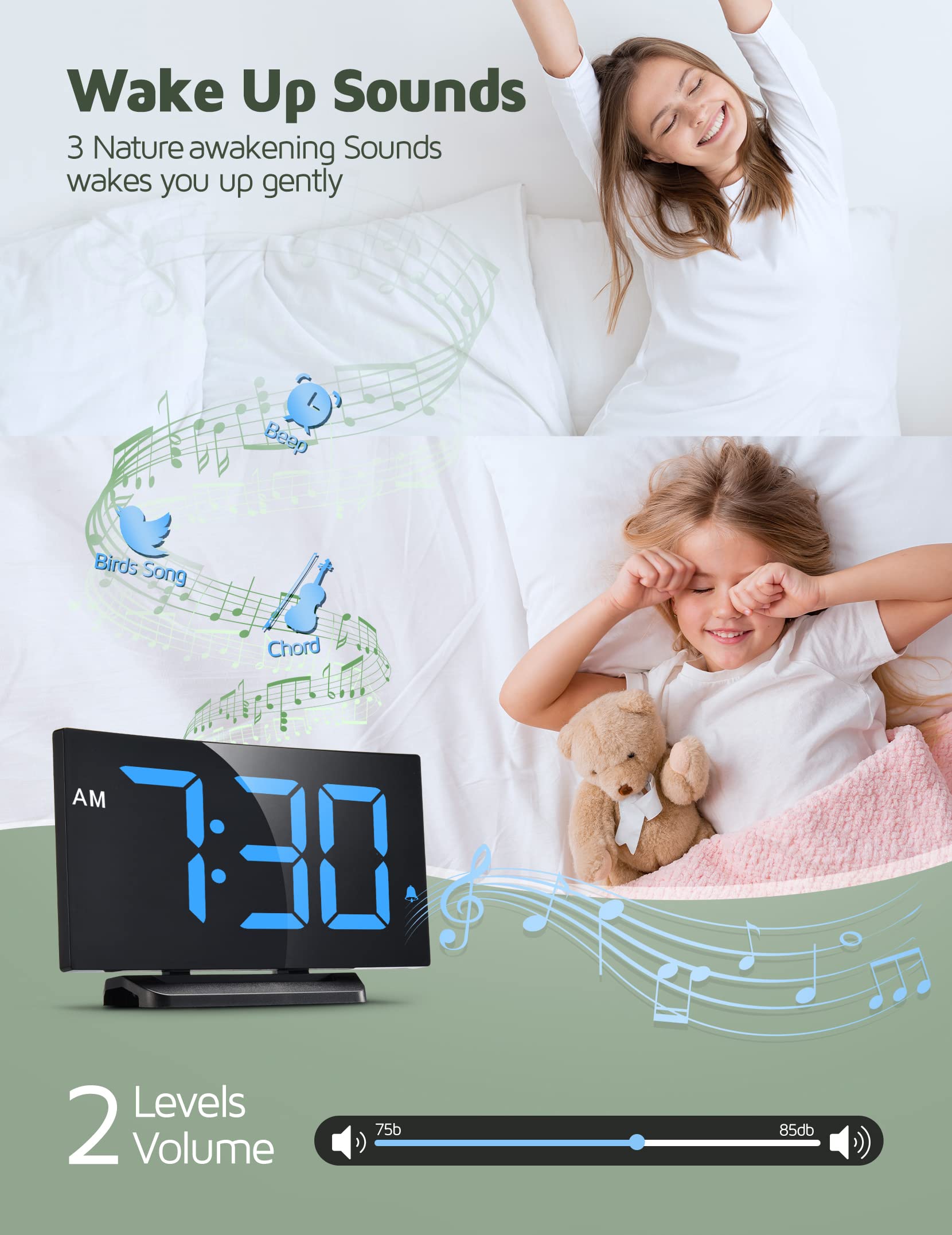 Digital Clocks for Bedrooms, 6-Level Brightness and Large Display, Adjustable Alarm Volume and 3 Ringtones Alarm Clock, 9 MINS Snooze & 12/24H Format, Easy to Use Bedside Clock for Seniors Elders Kids