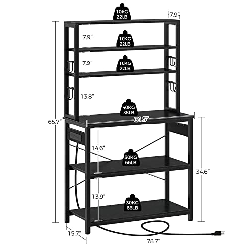 Rolanstar Baker's Rack with 4AC Power Outlet, 65.7inch Microwave Oven Stand with 10 Hooks, Stable Coffee Bar Table, 6-Tier Kitchen Storage Shelf Rack, Kitchen Utility Rack with Hutch, Black