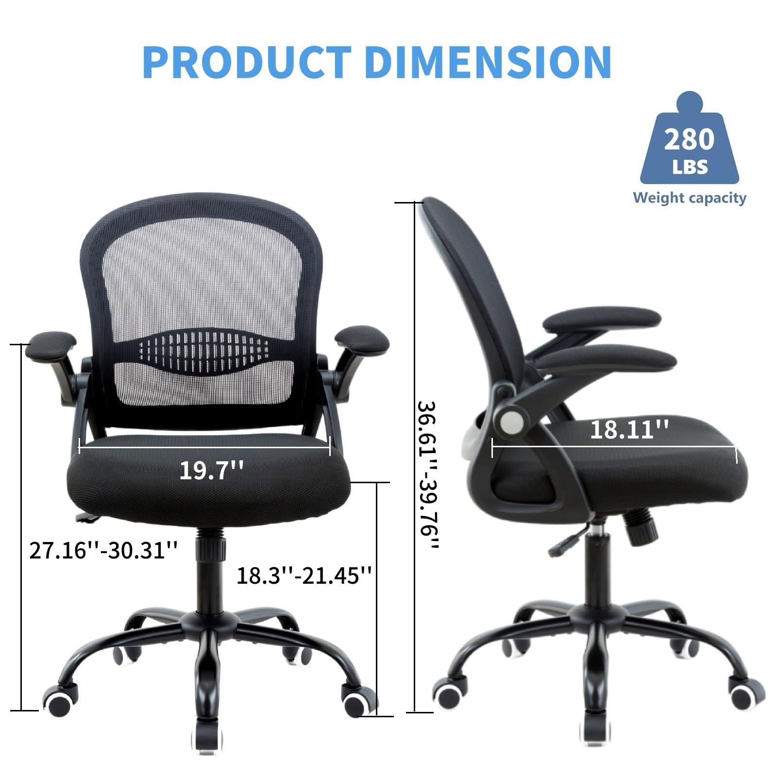 Office Desk Chair, Ergonomic Mesh Office Task Chairs, Mid-Back Computer Desk Chair with Wheels, Flip-up Arms Comfortable Lumbar Support for Home Study, Black