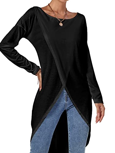 LYANER Women's High Low Long Sleeve Wrap Front Split Hem Long Shirt Blouse Tunic Top Solid Black Large