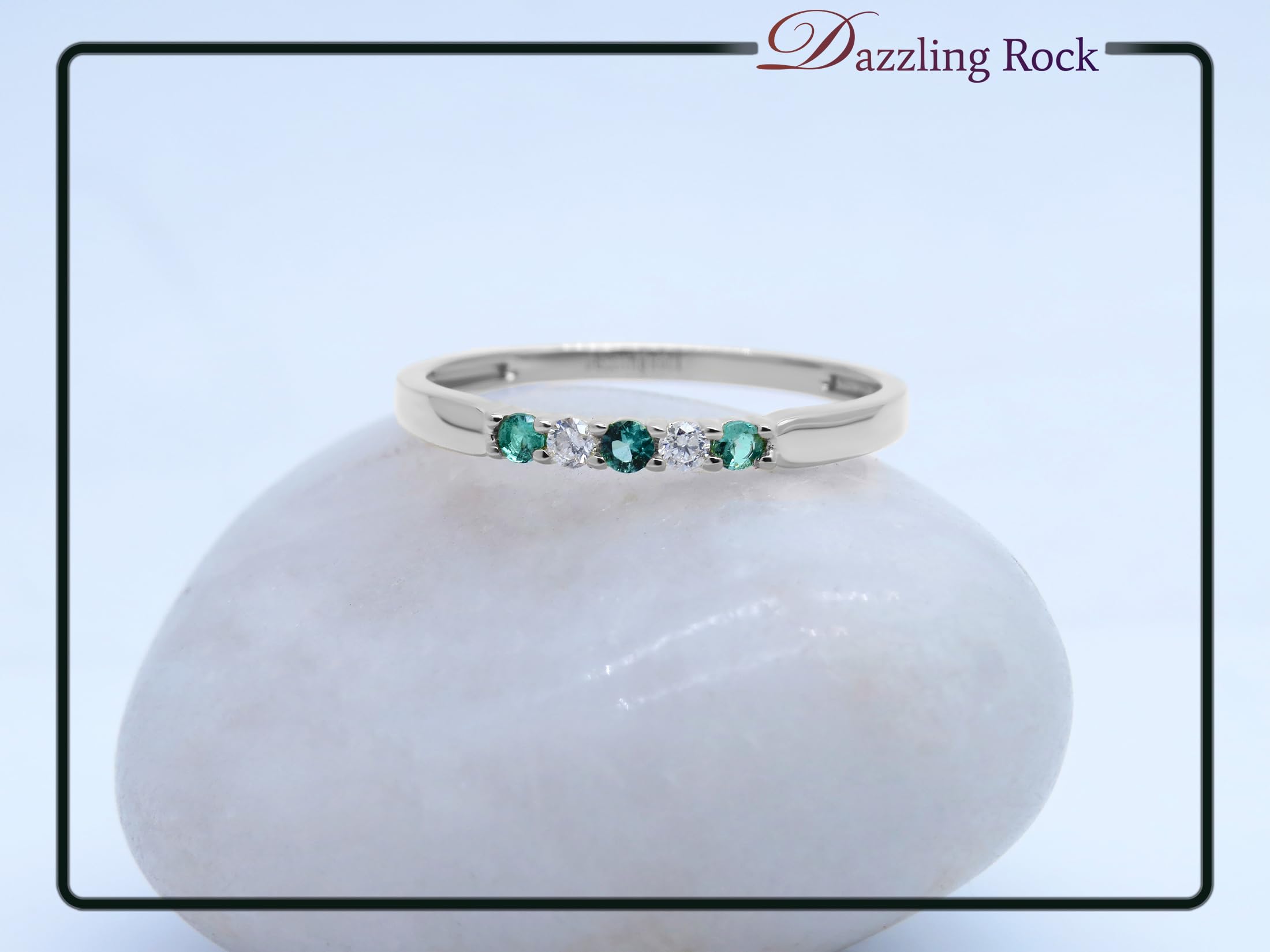 Dazzlingrock Collection 10K Round Emerald & Diamond 5 Stone Women Anniversary Wedding Band, White Gold, Size 7
