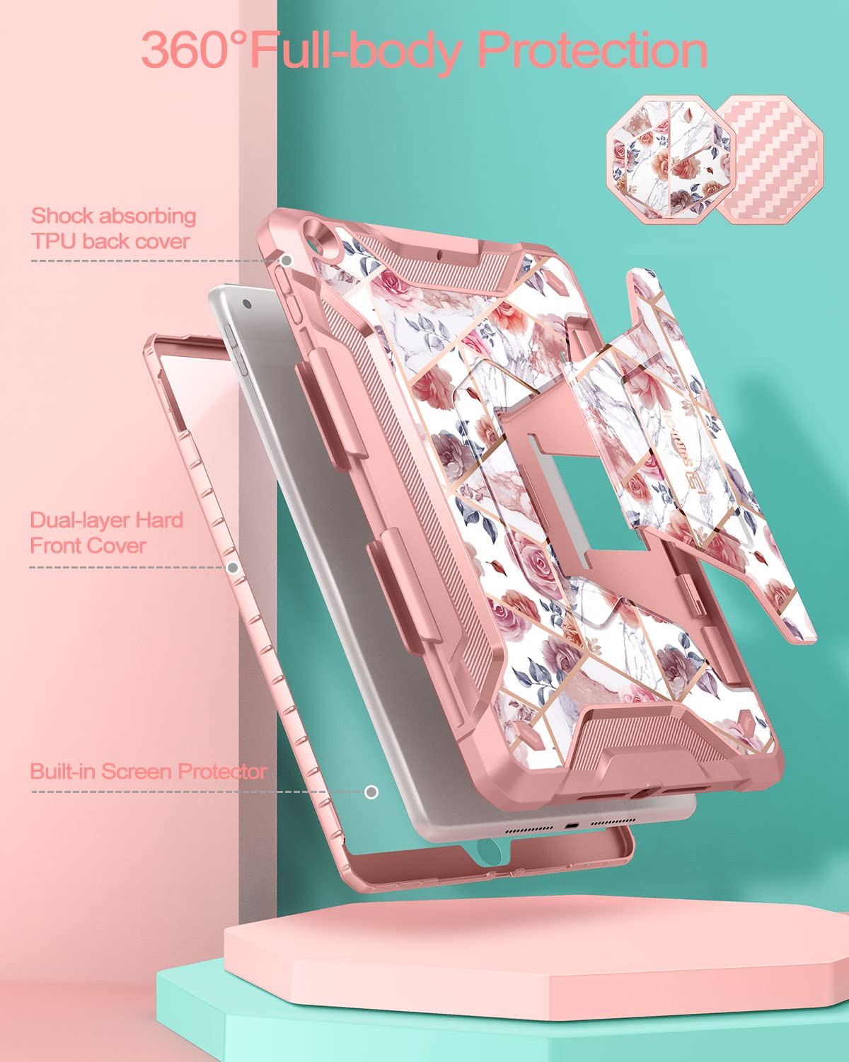 SURITCH for iPad 9th/8th/7th Generation Case 10.2-inch, Built in Screen Protector Pencil Holder Shockproof Rugged Full Body Protection Case with Kickstand for iPad 2021/2020/2019 - Rose Marble