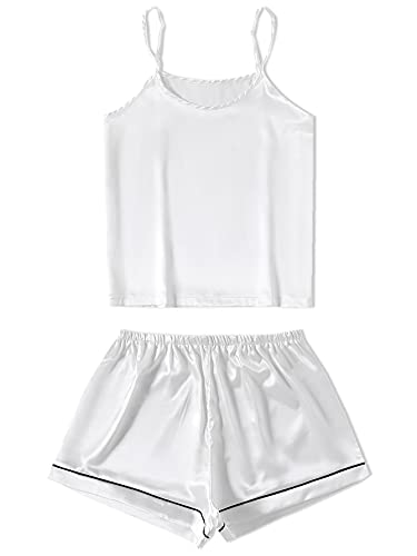 LYANER Women's Pajamas Set 7pcs Silk Satin Sleepwear Loungewear Cami Shirt Pj Set White Small