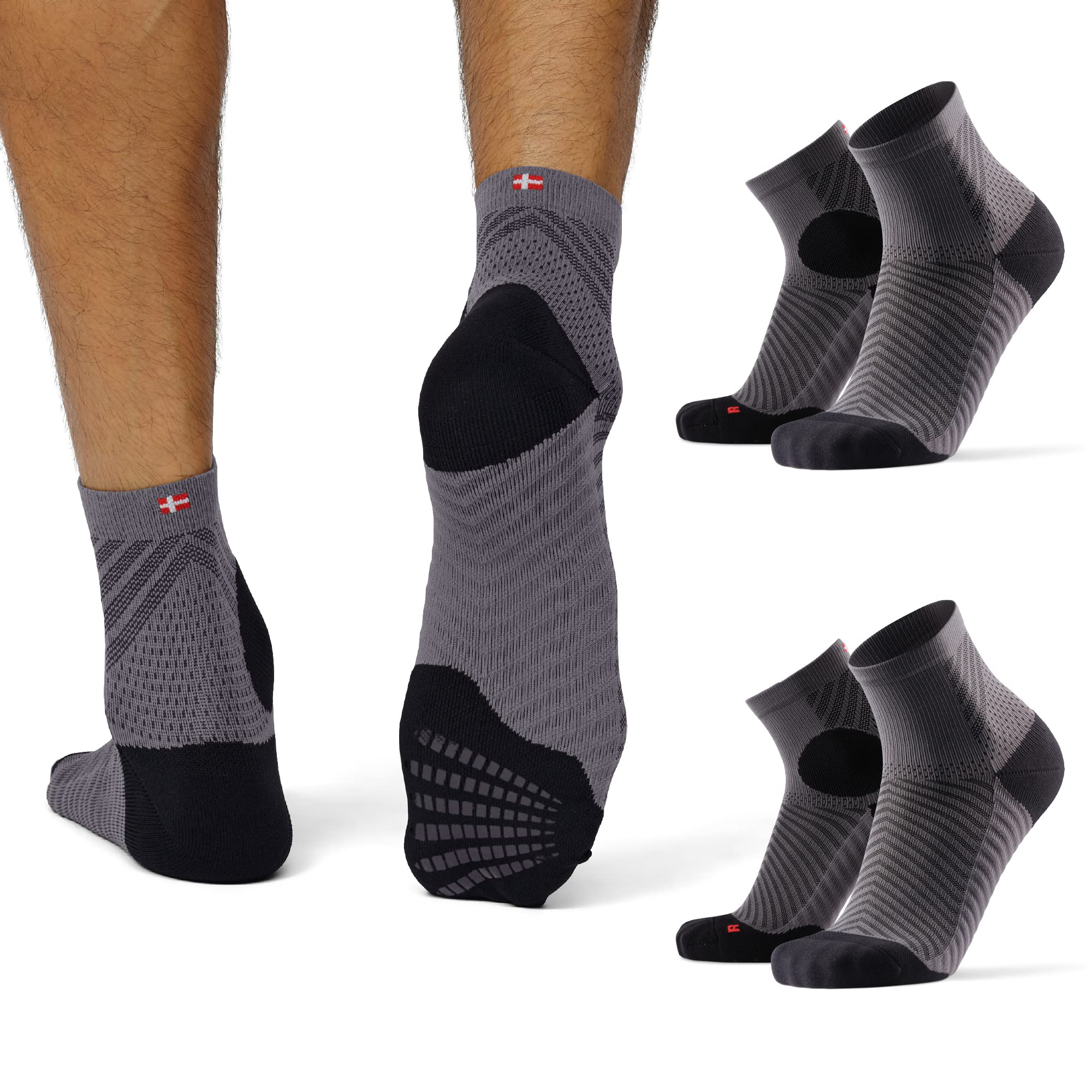 DANISH ENDURANCE Anti-Friction Running Socks, Grip Pads, Lightweight, Cushioned, Unisex, 2 pack, Black/Grey, Medium