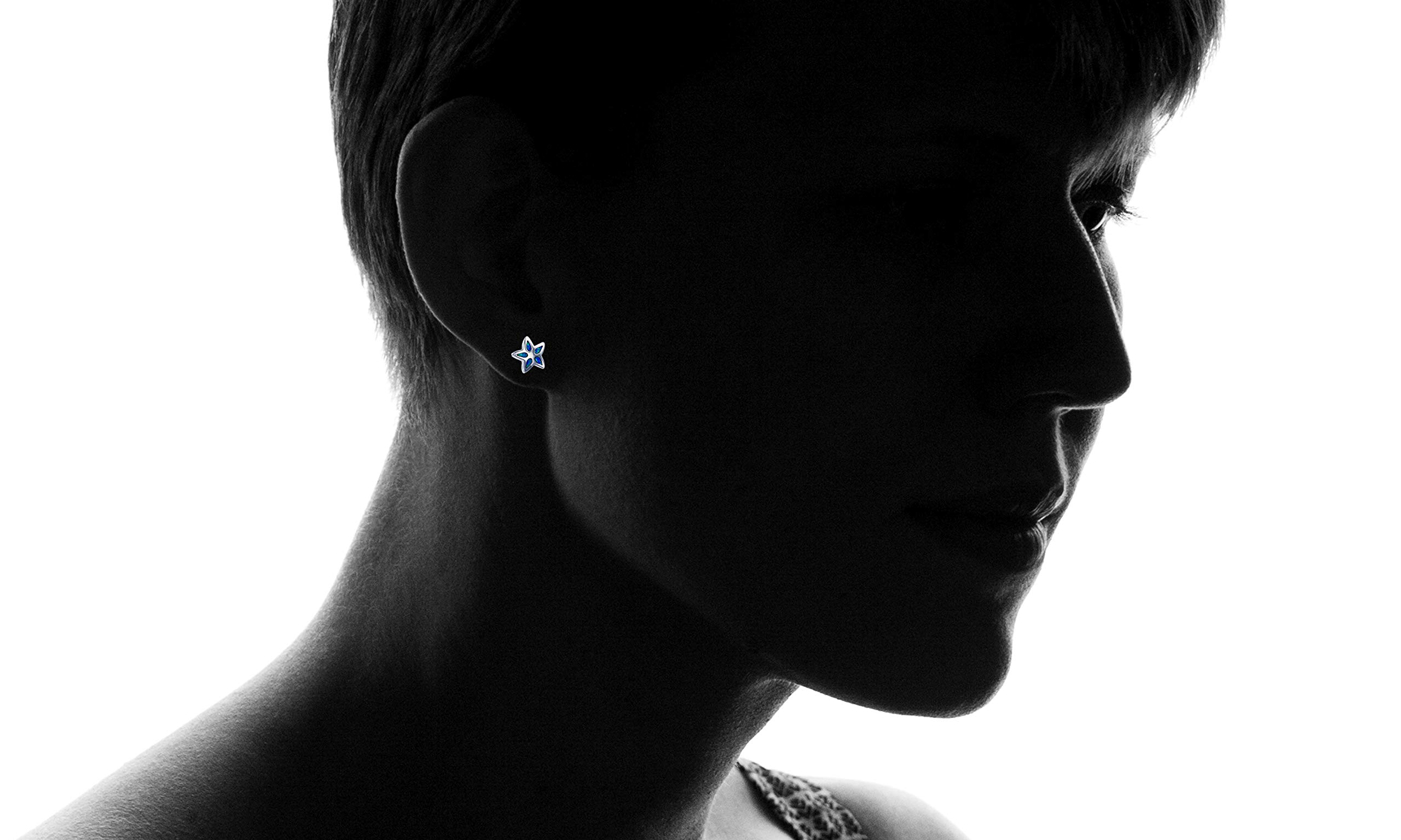 DECADENCE Rhodium Polished Created Opal Stud Earrings for Women | Star Fish 9.8x9.8mm Studs | Blue Green Turquoise | 925 Sterling Silver Pushbacks