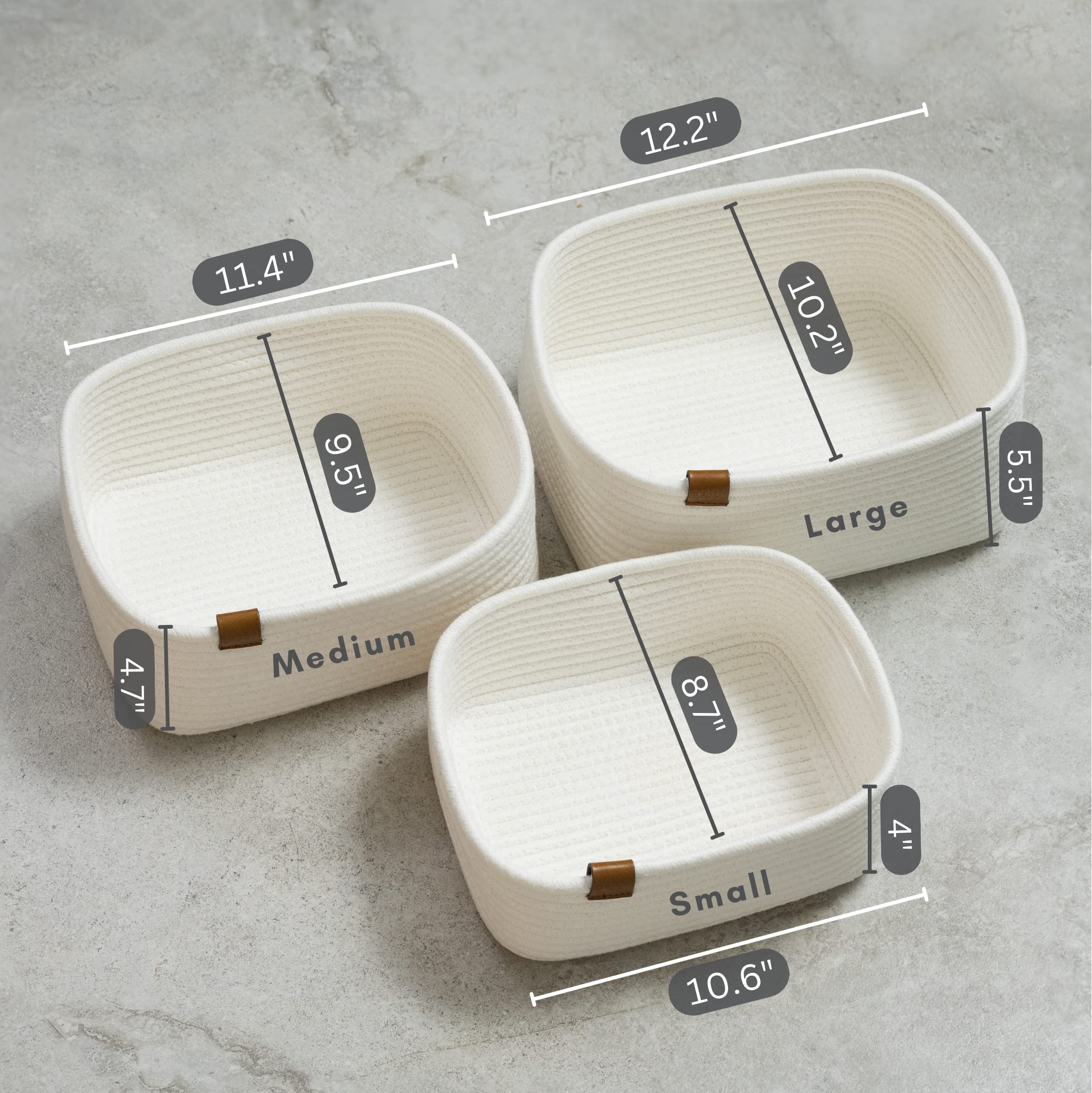 DENJA & CO Decorative Storage Basket Organizer Set of 3 and Round Baskets with Lids Set of 2 (Ivory White)