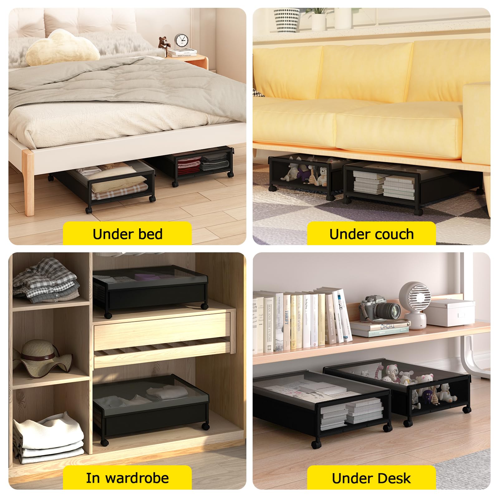 NADAMOO Under Bed Storage with Wheels and Clear Cover, Rolling Underbed Storage Containers, Metal Frame Under the Bed Organizer Bins for Bedroom Clothes Shoes Blankets Toys Books, Pack of 2